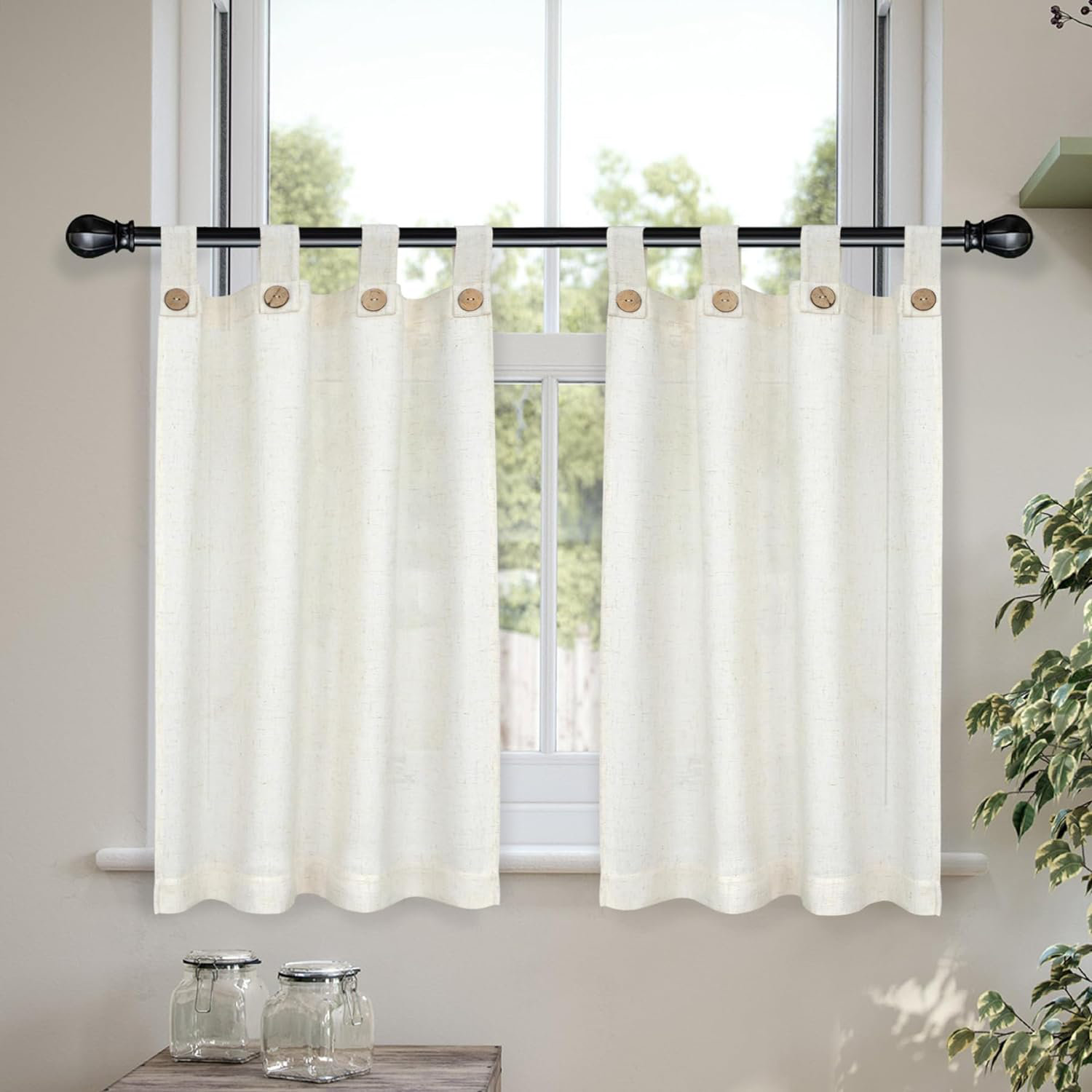 DriftAway Kitchen Curtains Linen Tier Window Curtains with Button Tab ...
