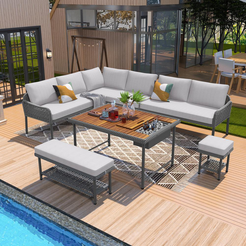 Bayou Breeze 6-Piece Rope Patio Set – L-Shaped Outdoor Sofa with Acacia ...