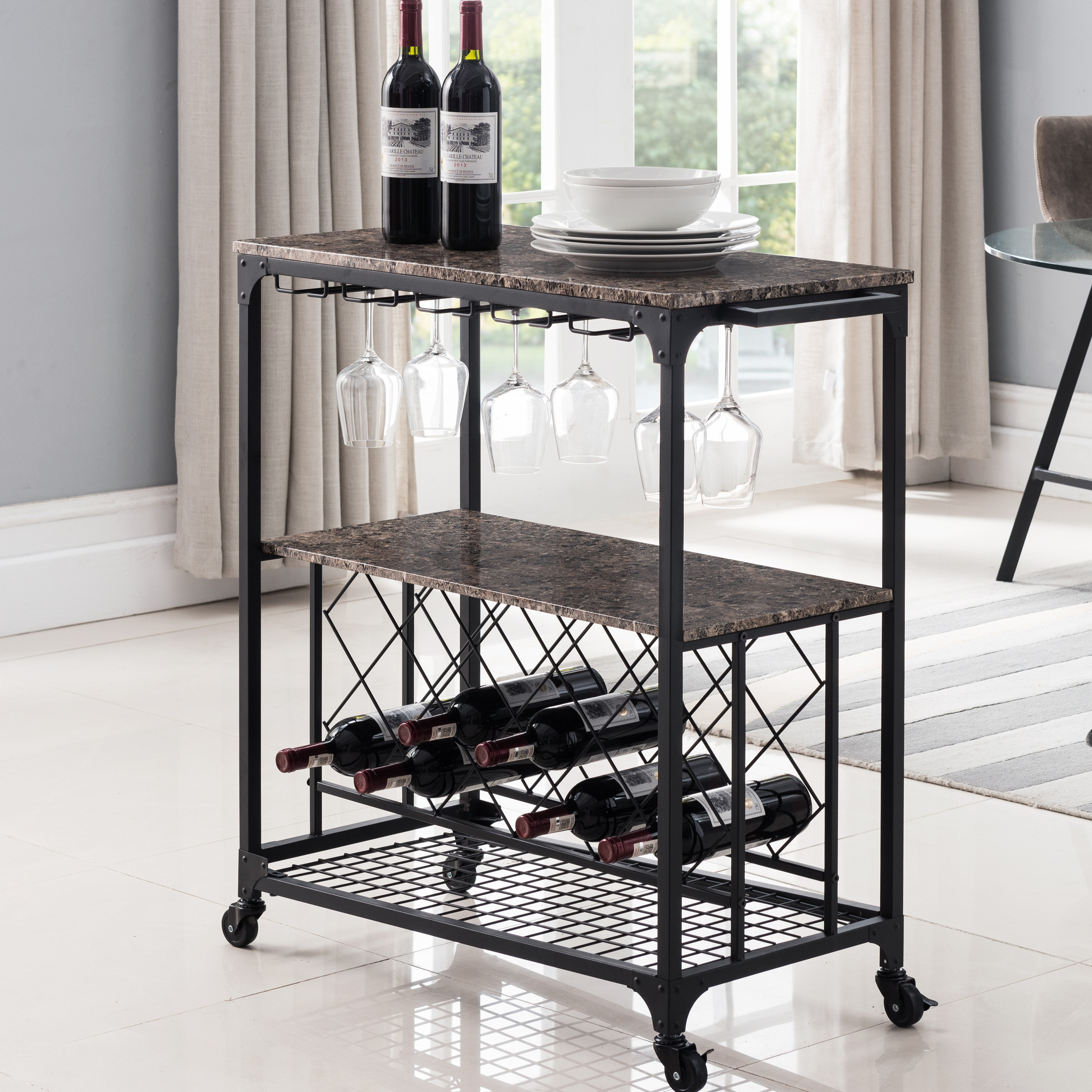 17 Stories Antonia Kitchen Serving Cart Bar Buffet with Wine Rack ...
