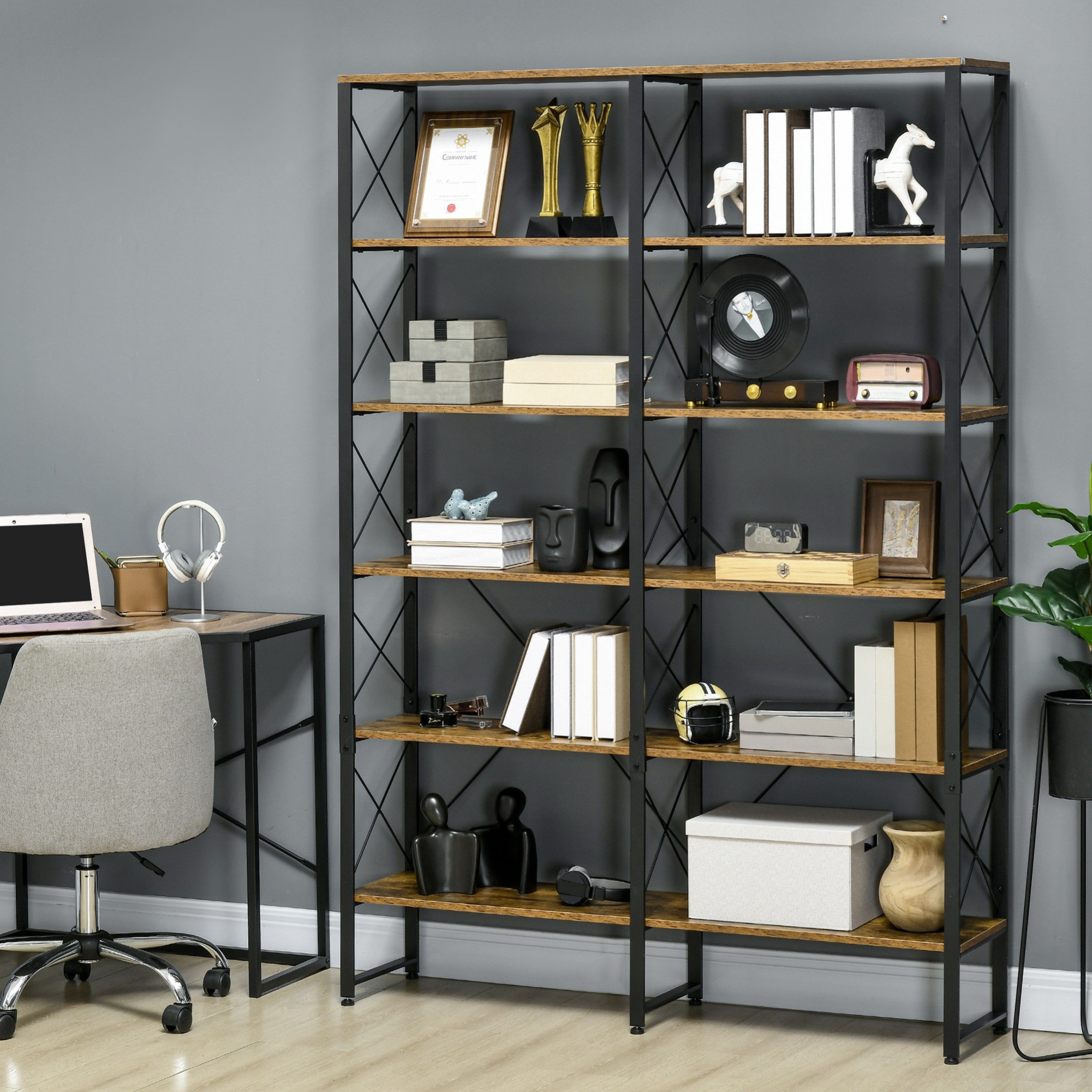 17 Stories 5-Tier Bookshelf With Steel Frame, Bookcase With Adjustable ...