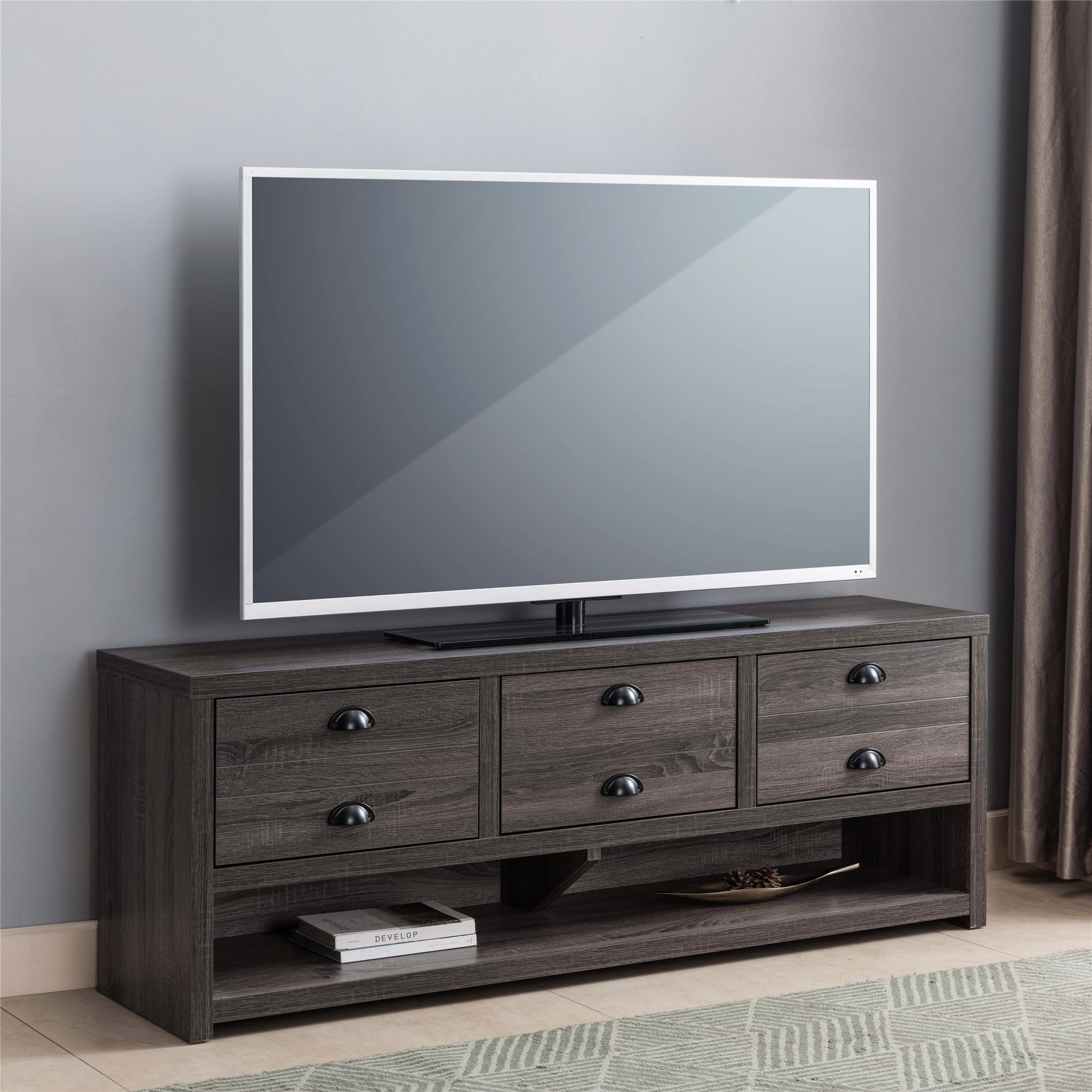 17 Stories Modern TV Stand with Three Drawers and Open Shelf for Media ...