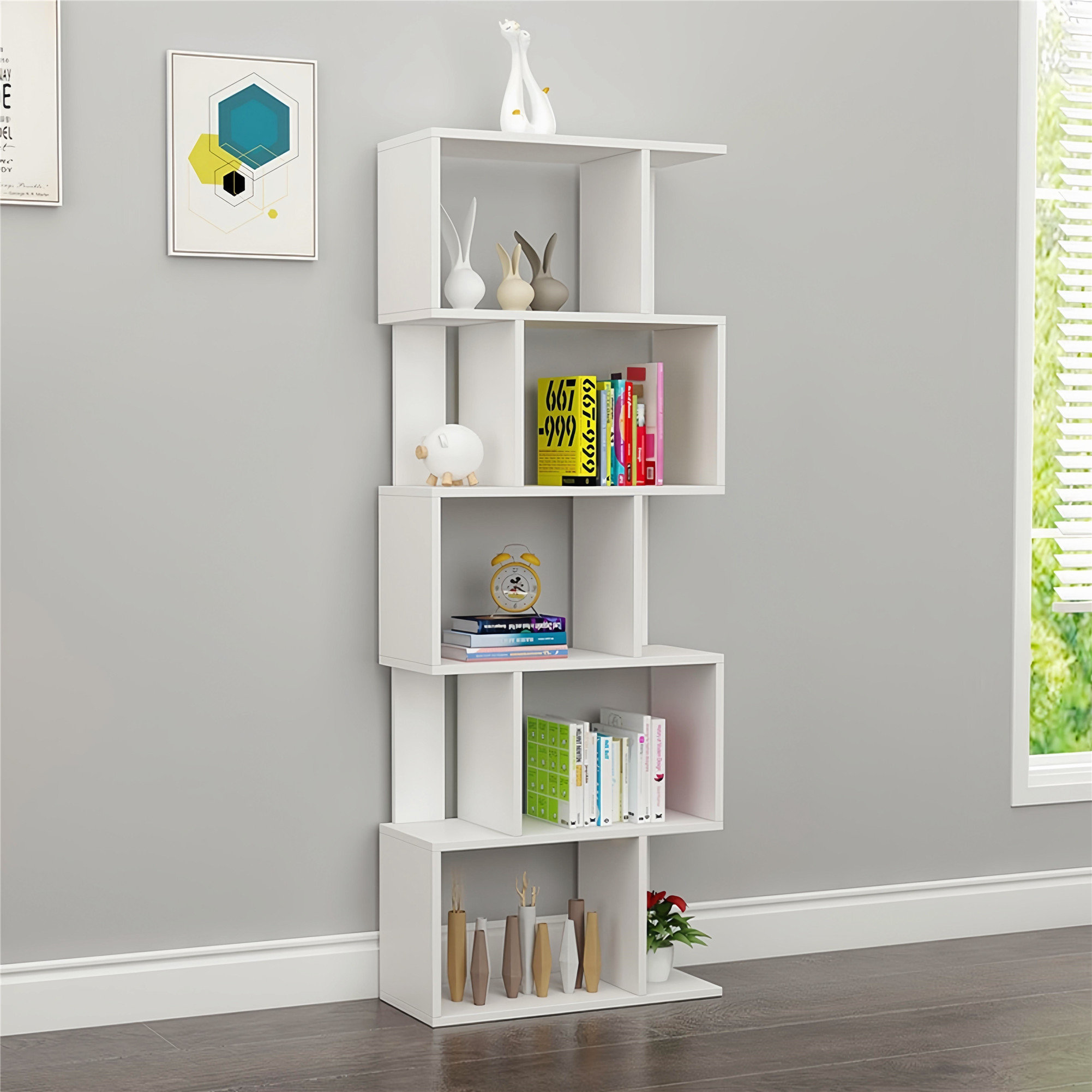 Ebern Designs 5-Tier Geometric Storage Shelf, S Shaped Bookcase ...