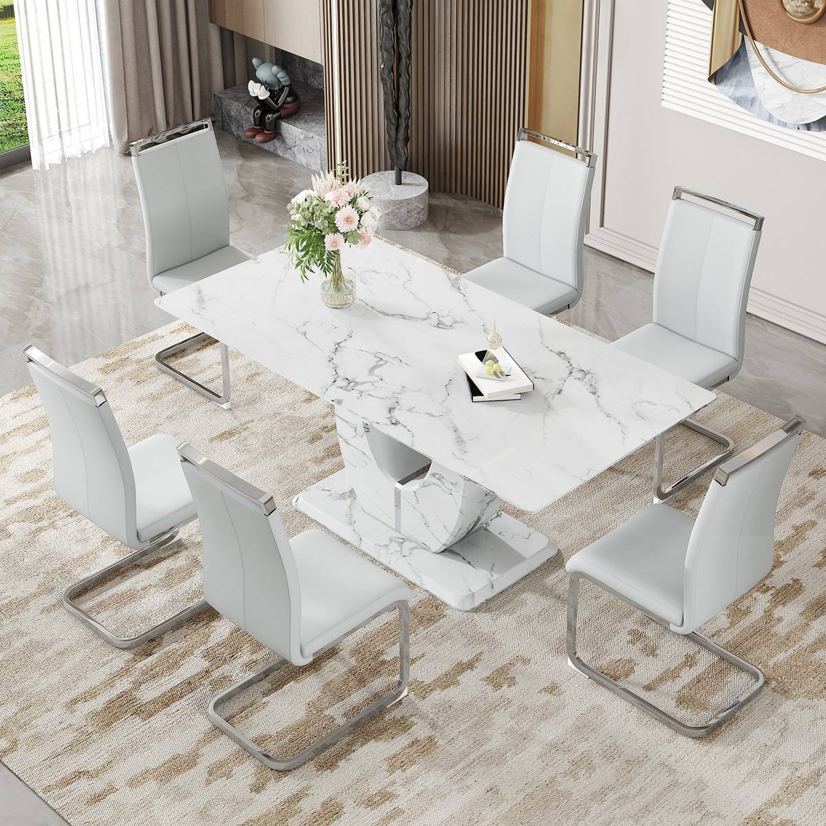 Orren Ellis Table And Chair Set.Modern Simple Marble Pattern Dining Set ...