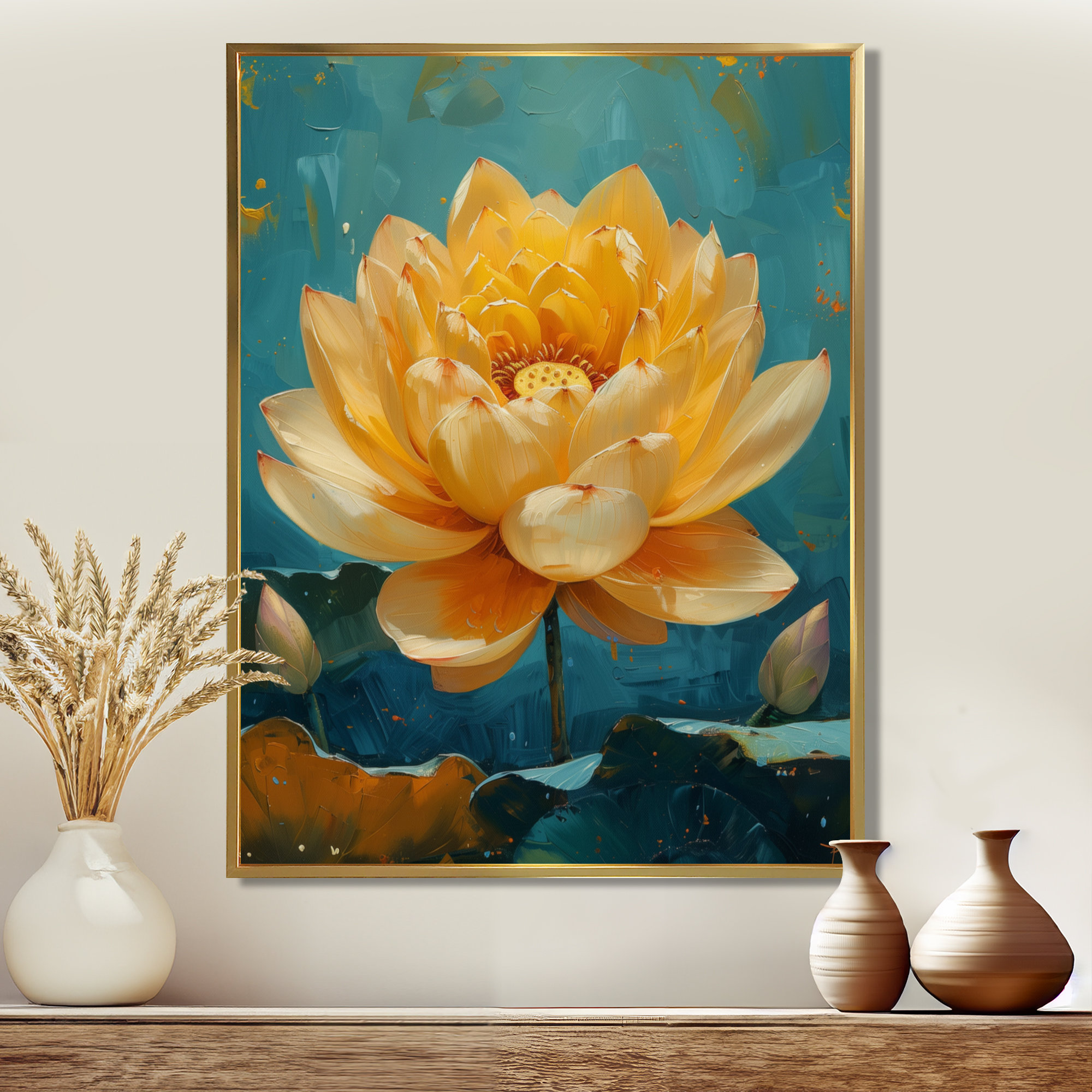 Design Art Beige Green Radiant Lotus Pond - Lotus Wall Art | Wayfair