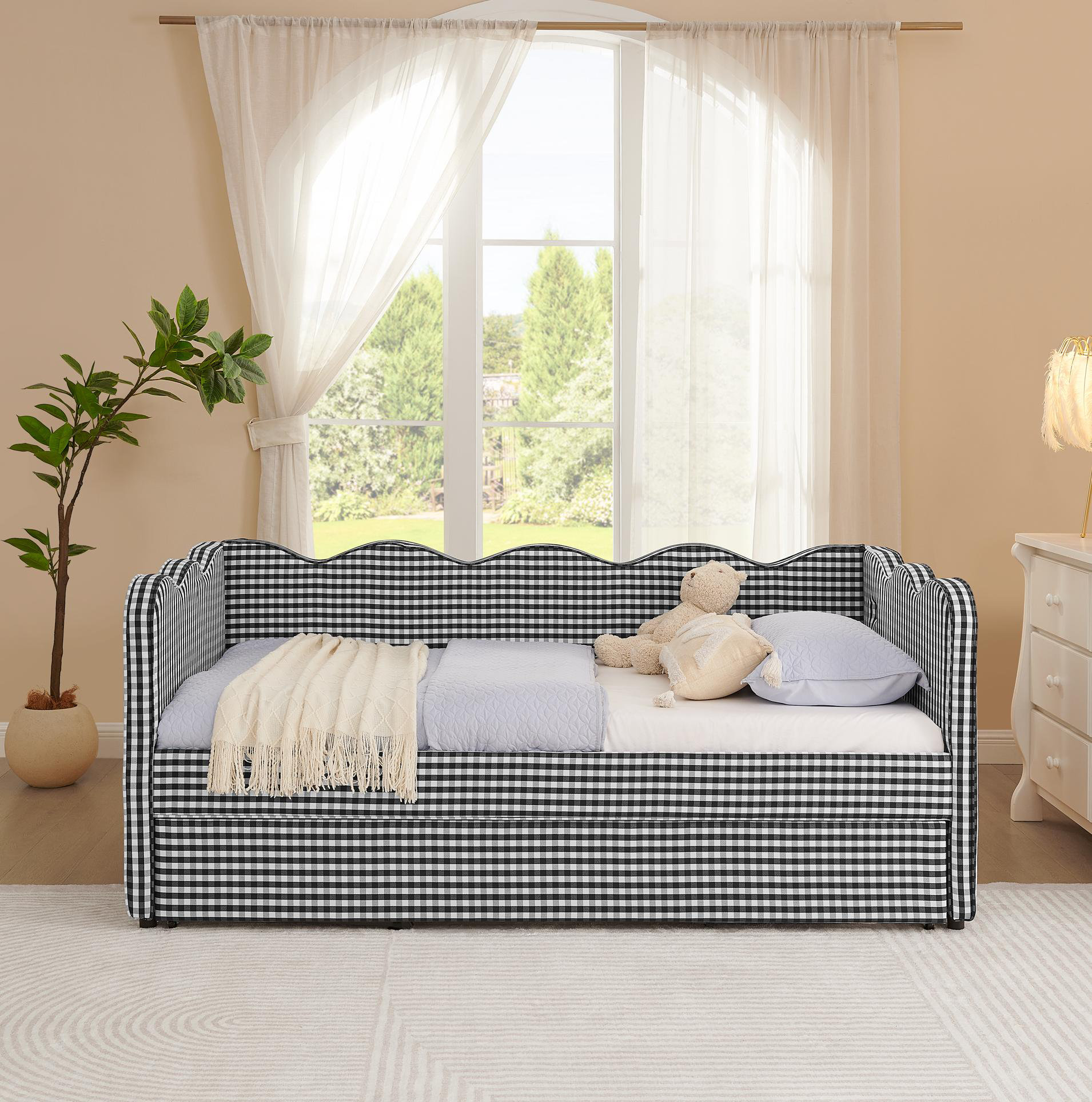 One Allium Way® Cozy Gingham Daybed With Trundle Twin Size Sofa Bed No ...