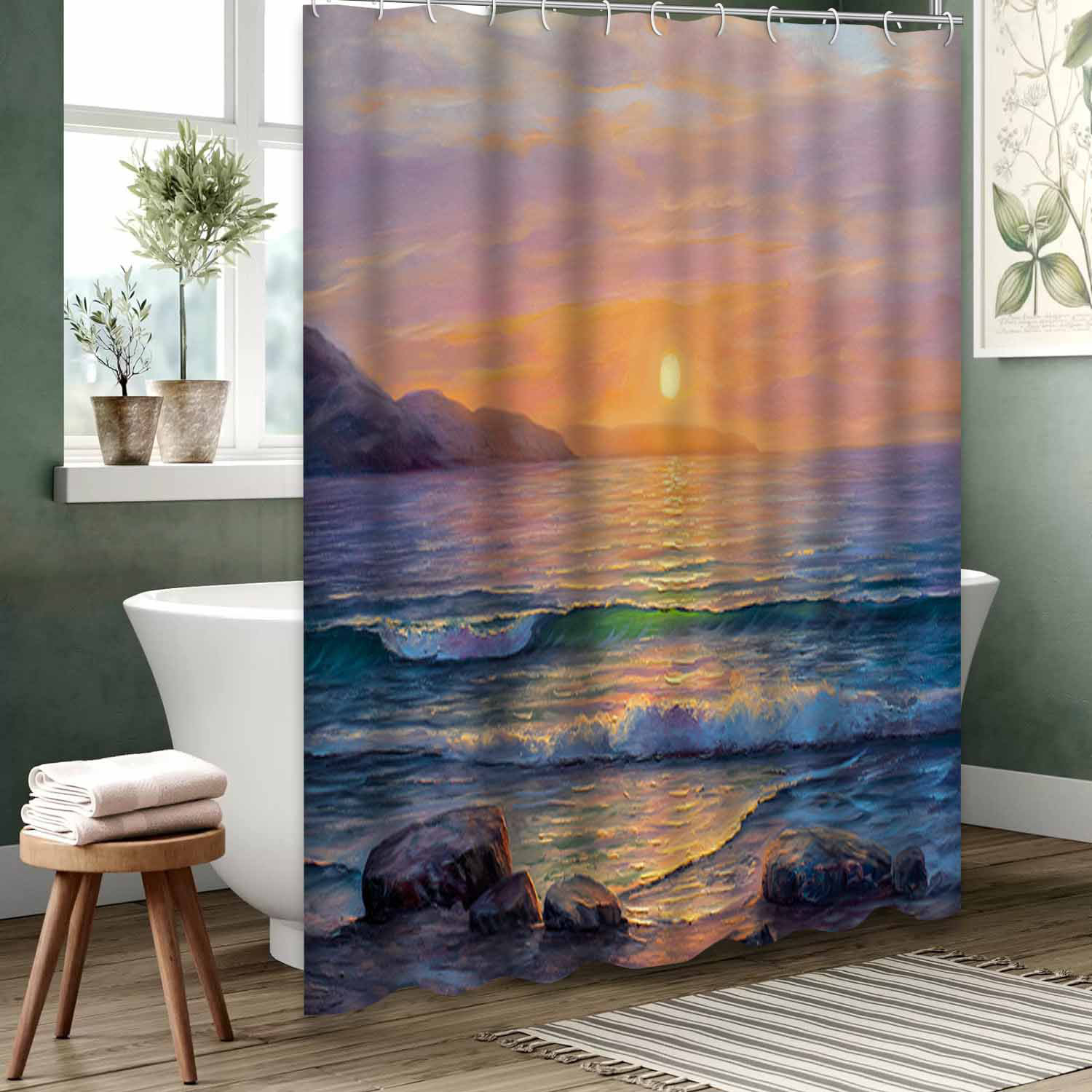 East Urban Home ??Blue Wave Shower Curtain with 12 Hooks - Morning Sea ...