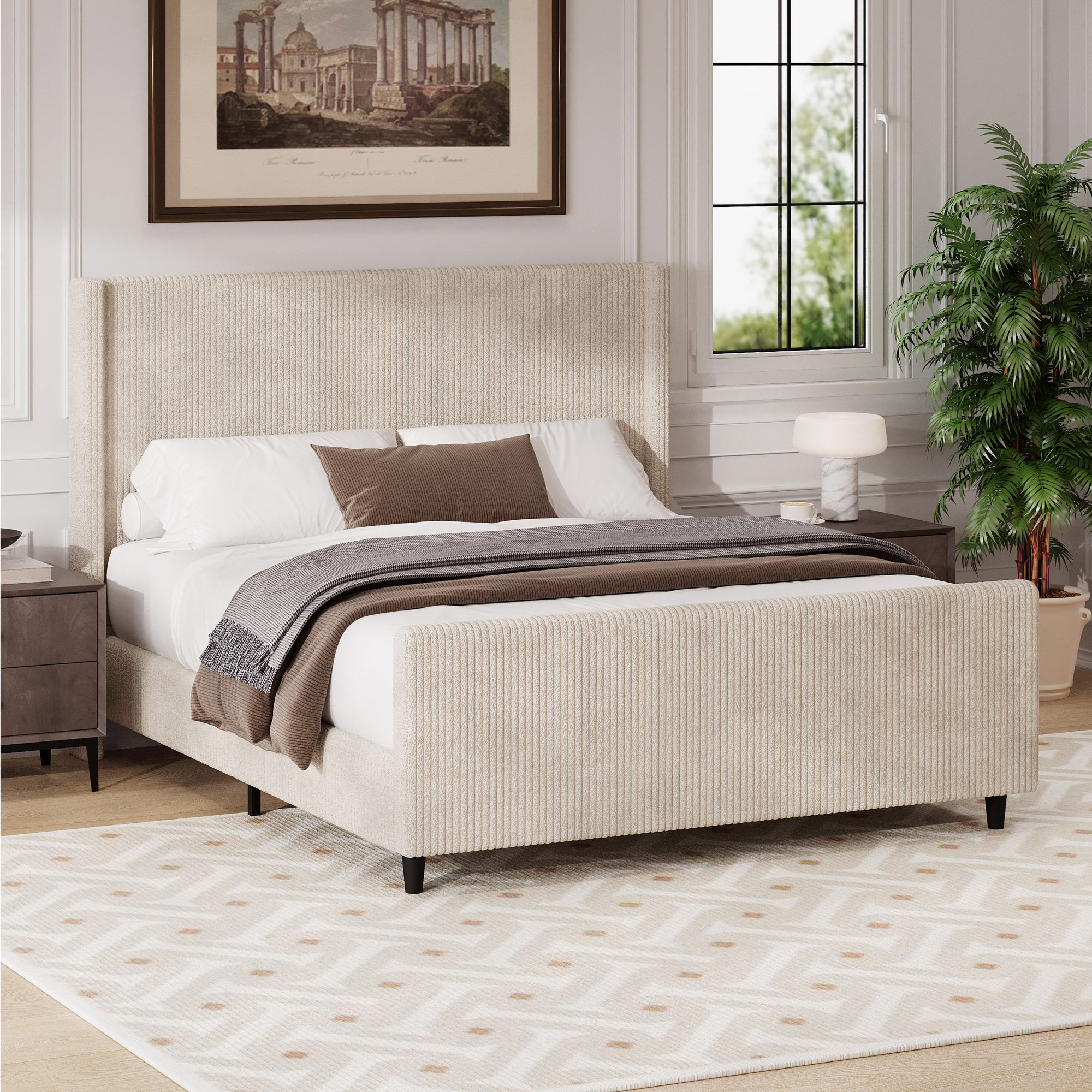 HomeViewto High Headboard Corduroy Upholstered Bed Frame With Vertical ...