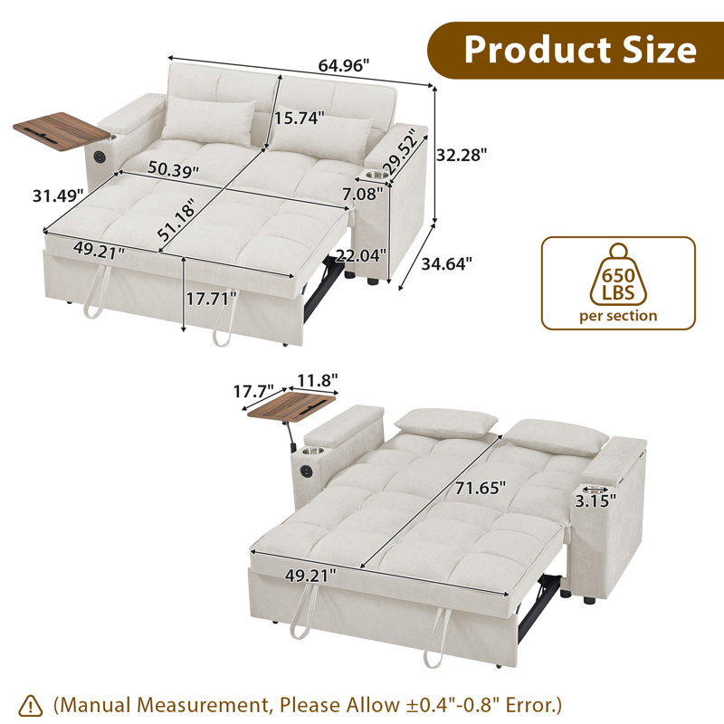 Latitude Run® Latitude Run 65"W Convertible 3 in 1 Sofa Bed, Vincy Pull ...