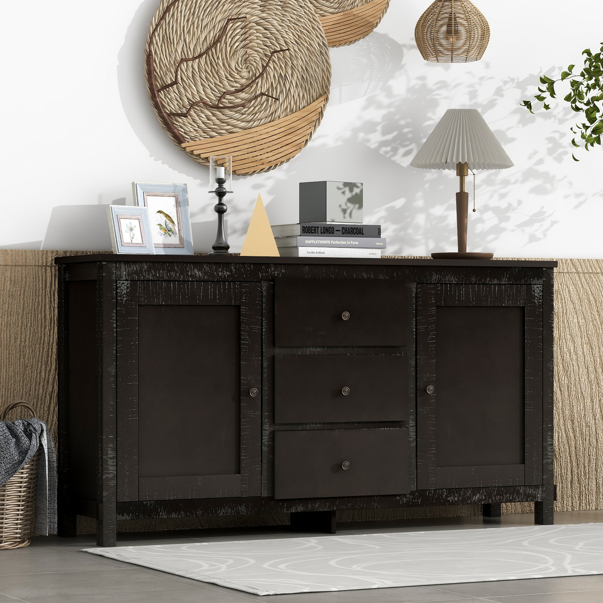 Klair Living Espresso Buffet Cabinet With 2 Storage Cabinets, 3 Drawers ...