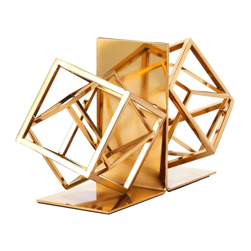 Everly Quinn Decorative Gold Bookends with Square Metal Geometric ...