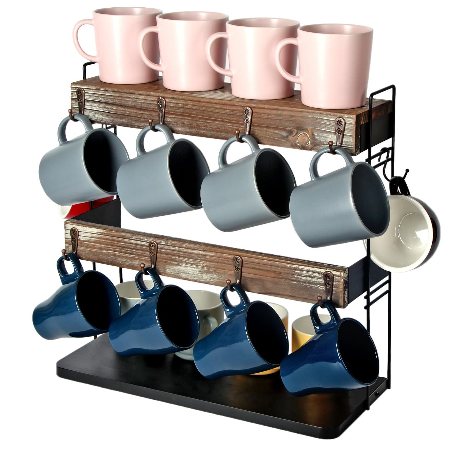 Gracie Oaks Rustic Wooden Coffee Mug Holder – Multi-Tier Coffee Cup ...