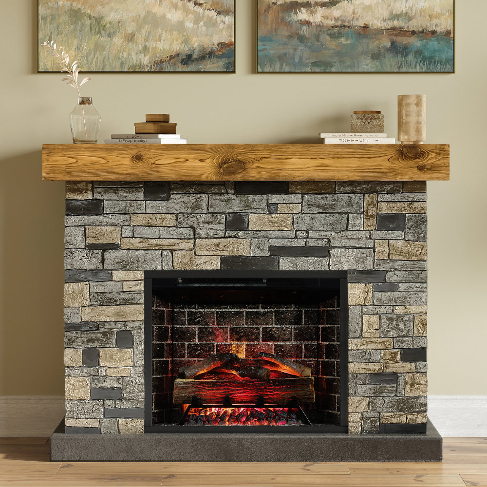 Country Living Dixson Faux Stone Brick Surround, Wood Mantel & 28 ...