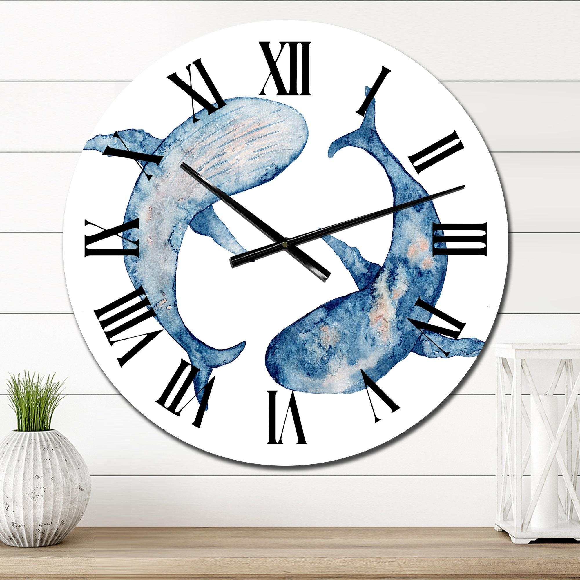 East Urban Home Blue Whales Watercolor Illustration on White - Nautical ...