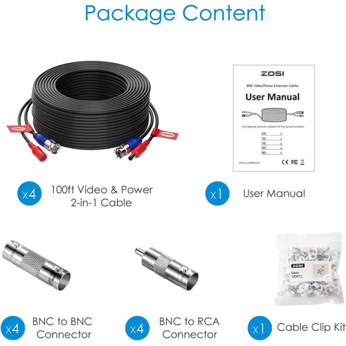 ZOSI 100FT 30M Video Power Cable, BNC RCA Cord for Security Camera ...