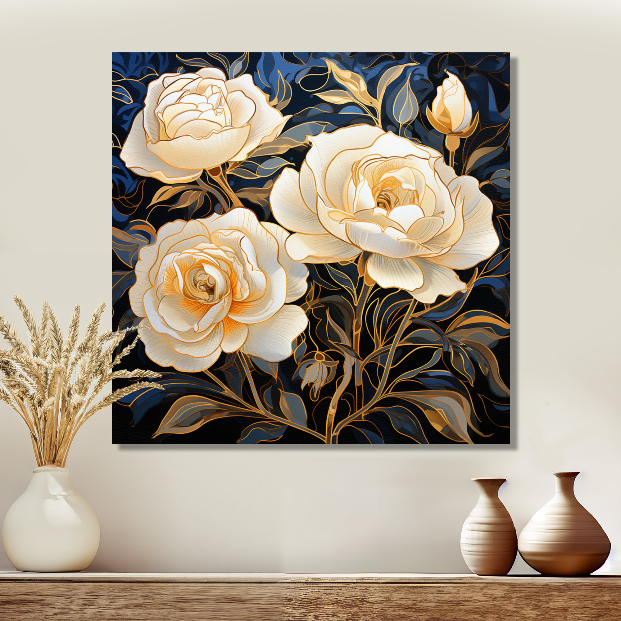 Winston Porter White Rose Golden Leaves Retro Blue - Roses Wall Art ...