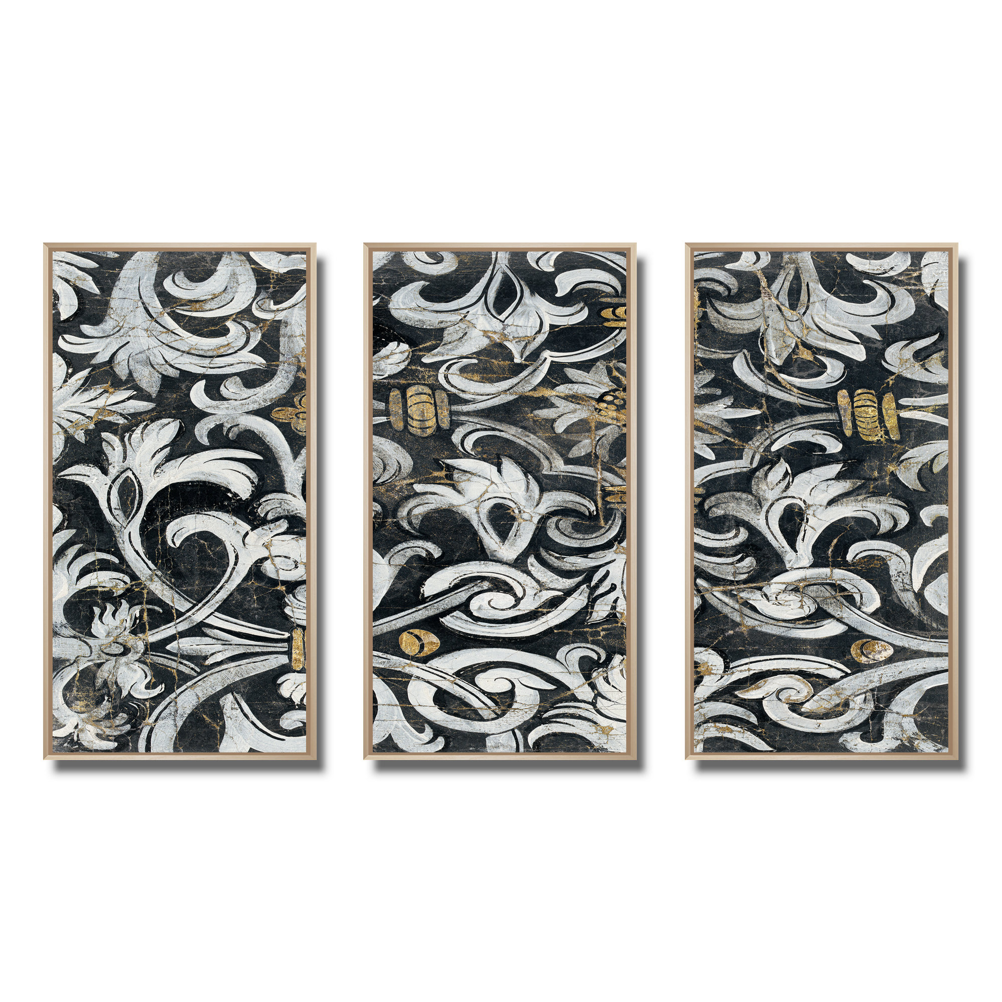 Design Art Gold Mettalic Floral Strapwork - 3 Piece Floater Frame Print ...