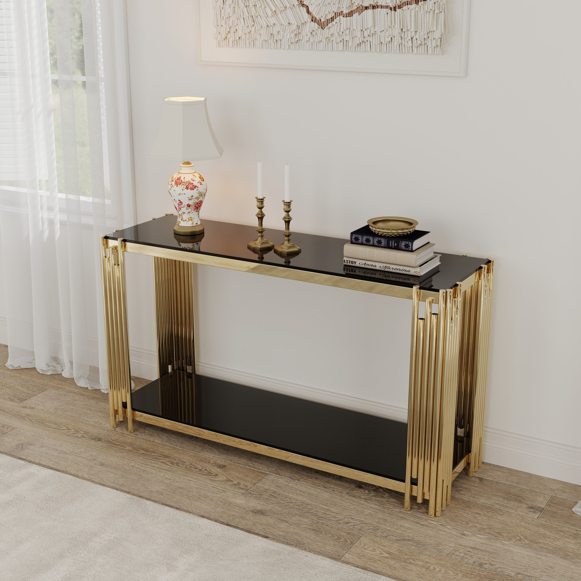 Everly Quinn Modern Glass Console Table, 55" Gold Sofa Table with ...