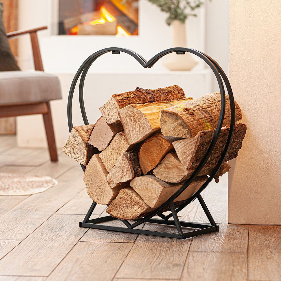 Winston Porter Metal Heart Shaped Firewood Log Rack | Black Firewood ...