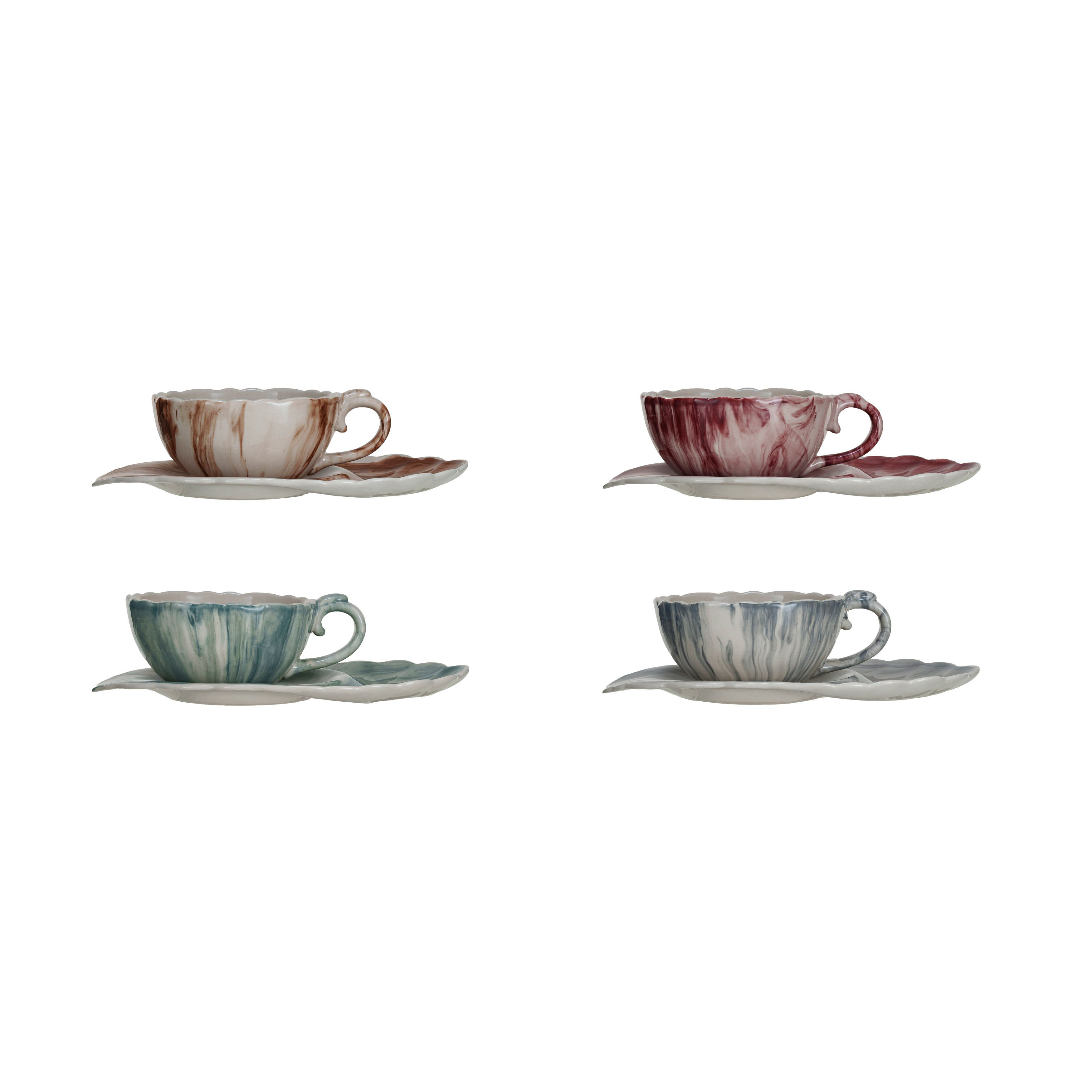 Creative Co-Op Stoneware Teacup Set with Saucer and Four Styles ...