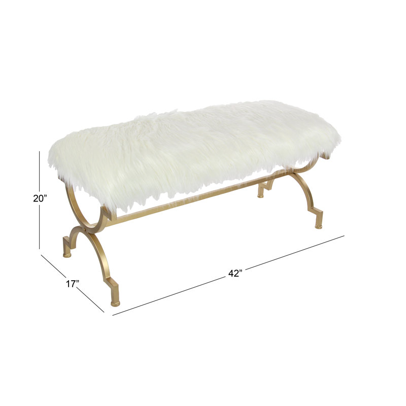 Mercer41 Lynmouth Gold Metal Bench with White Faux Fur Top 42" x 17" x ...