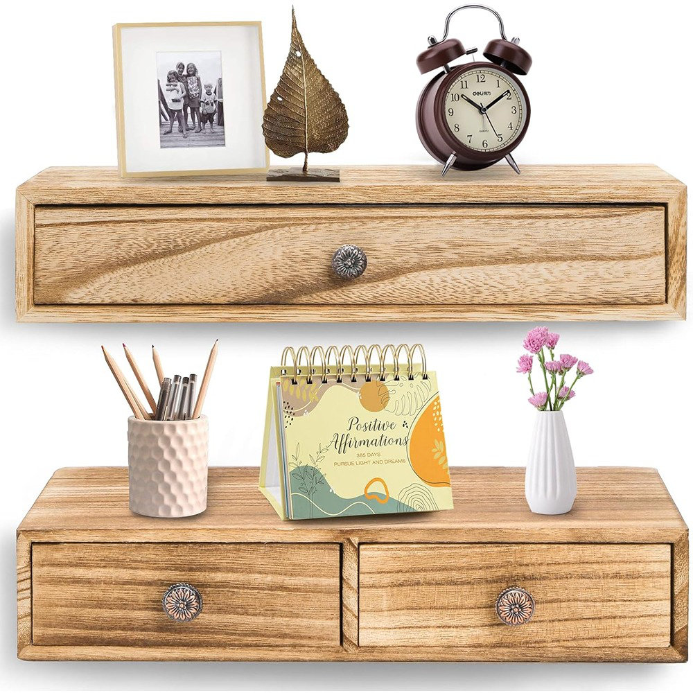 Ophelia & Co. 2 Packs Floating Nightstand With Drawer - Rustic Wood ...
