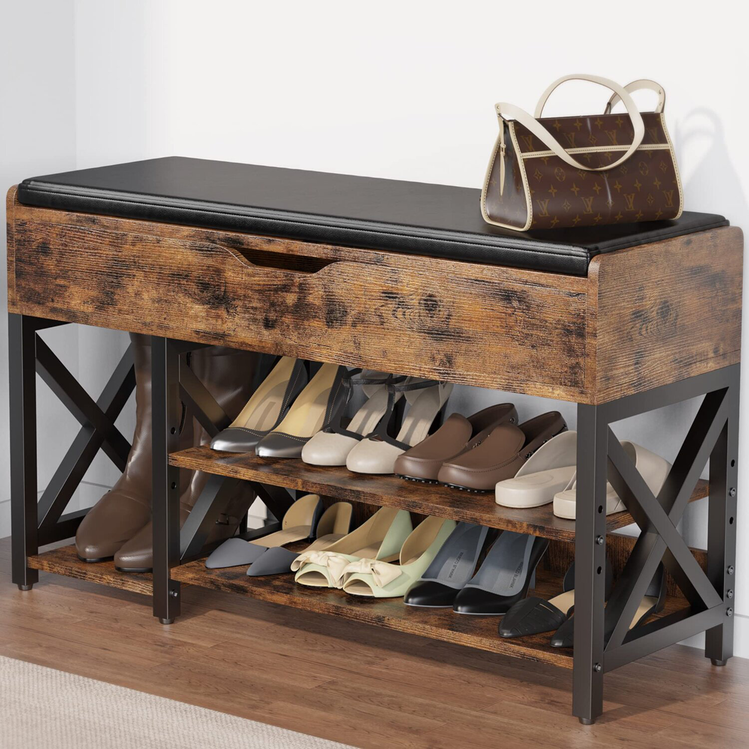 17 Stories Shoe Bench with Cushion,Entryway Bench with 3 Storage Boxes ...