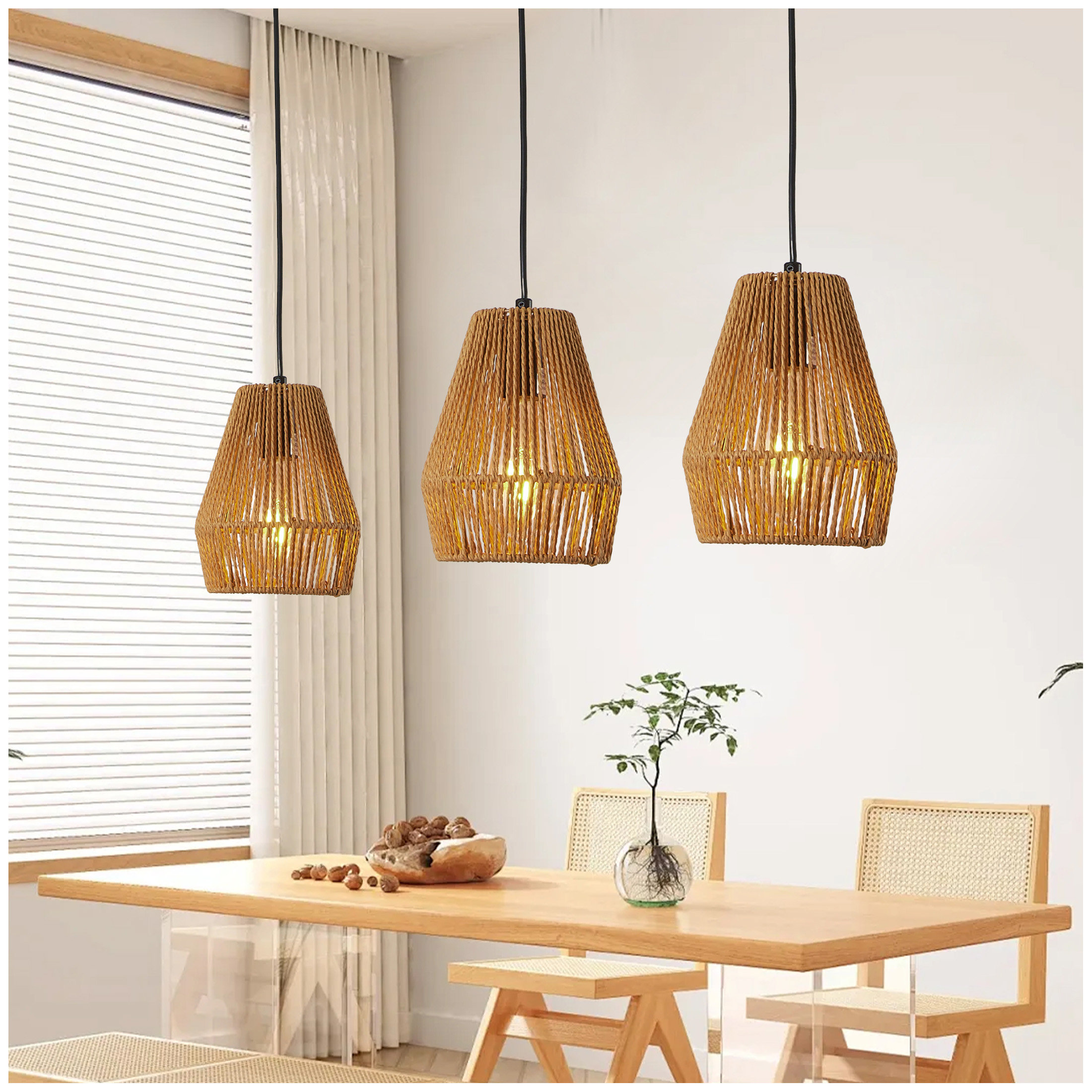 Dakota Fields 7" Set Of 3 Rustic Hemp Rope Pendant Light, Handcrafted ...