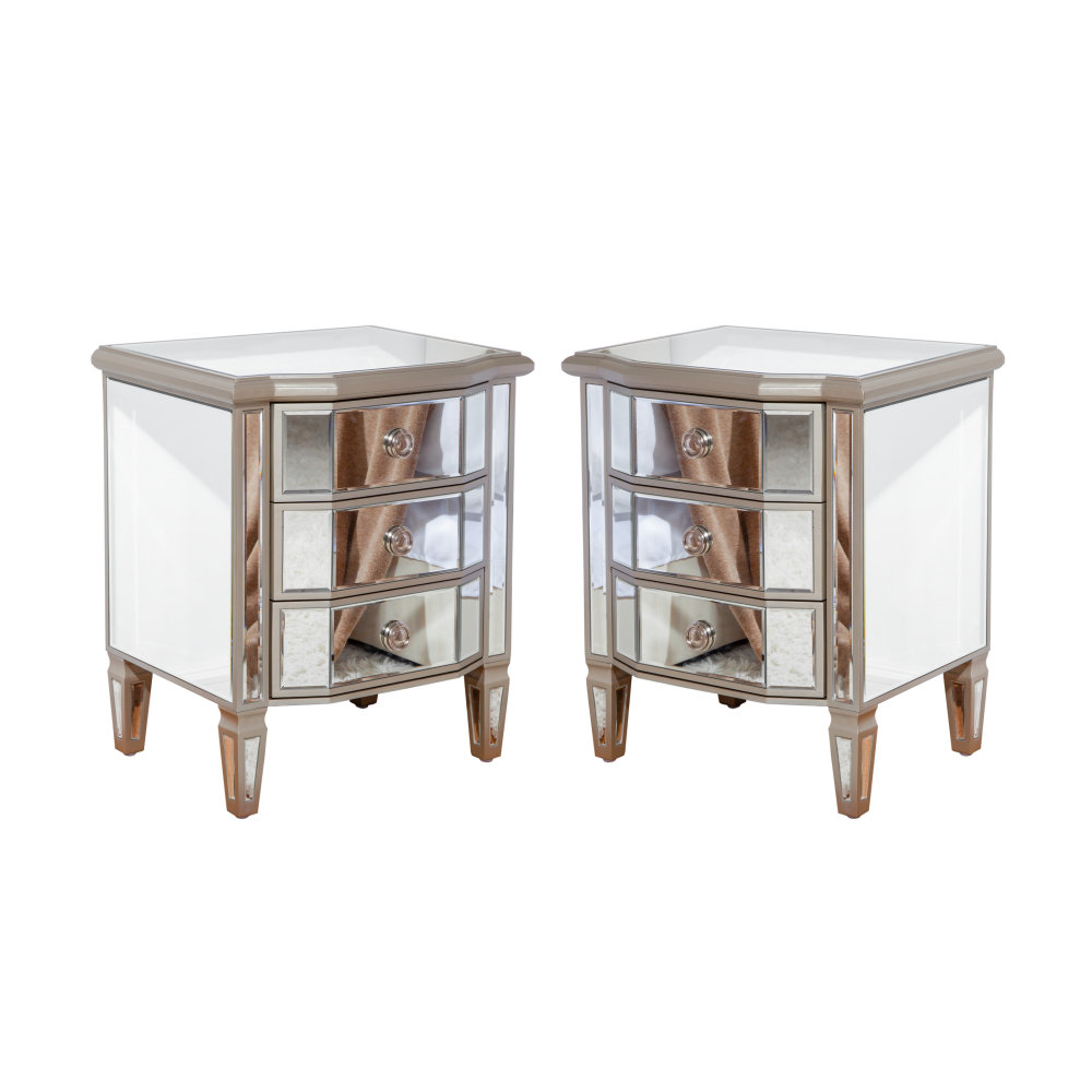 Mercer41 Andreja Vintage Mirrored Bedside Table Set - 2-Piece With 3 ...