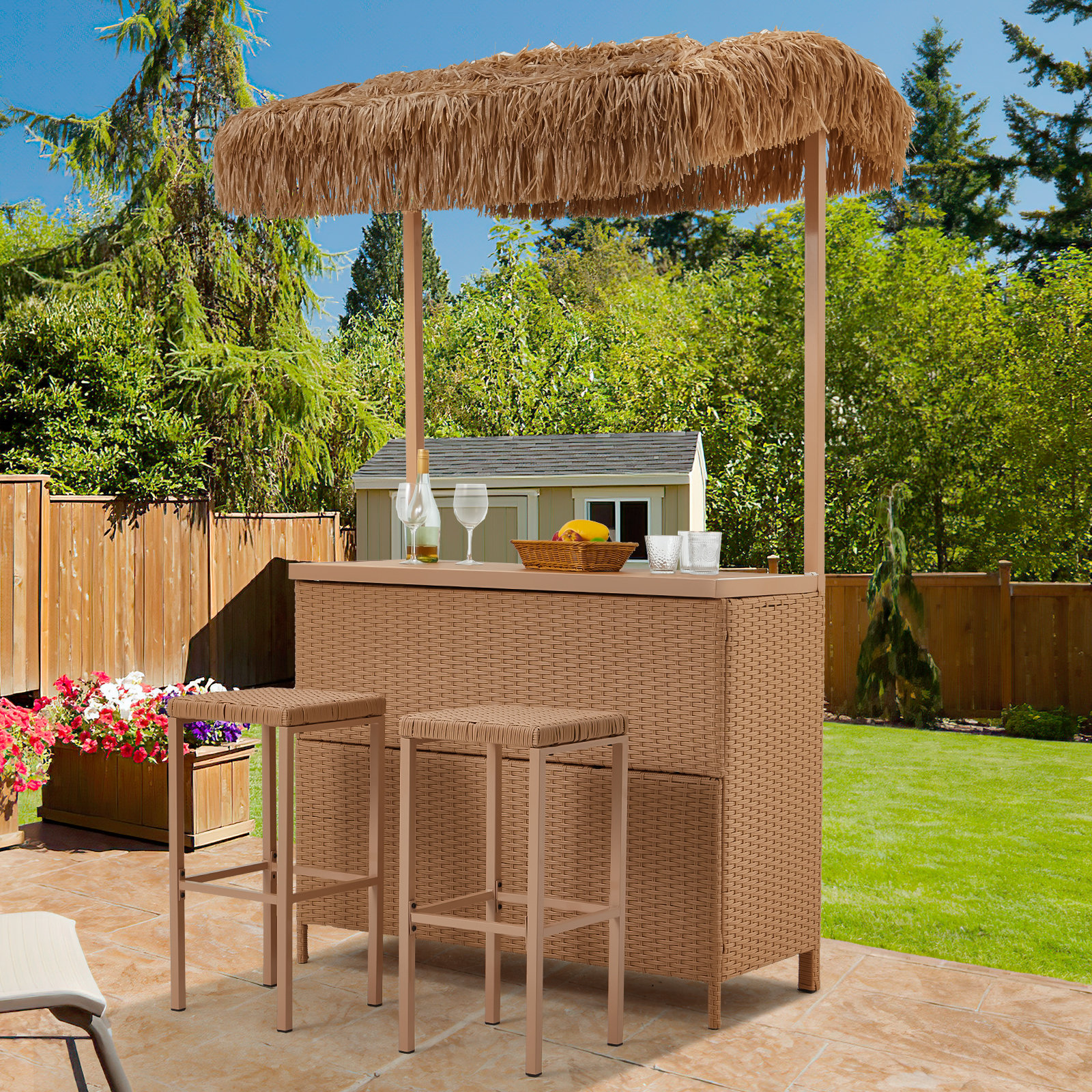 Bay Isle Home™ Outdoor Tiki Bar Set, Wicker Patio Bar w/2 Stools ...