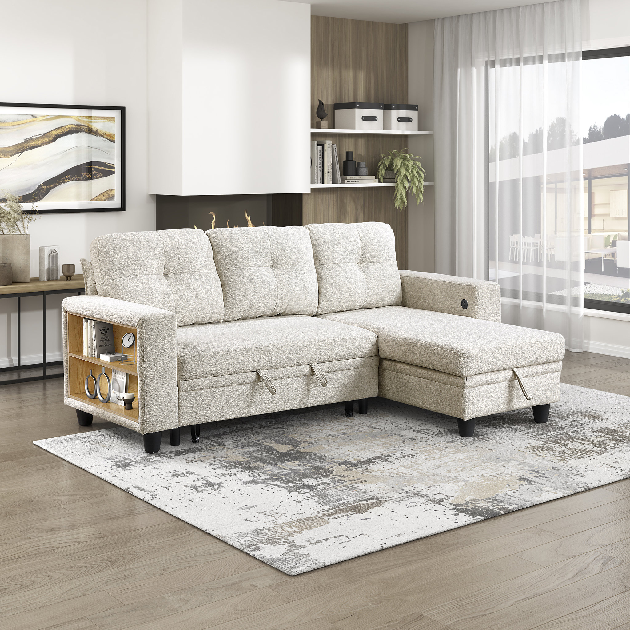 Ebern Designs Neroni 79.5" Square Arms Boucle Sectional with Pull-out ...