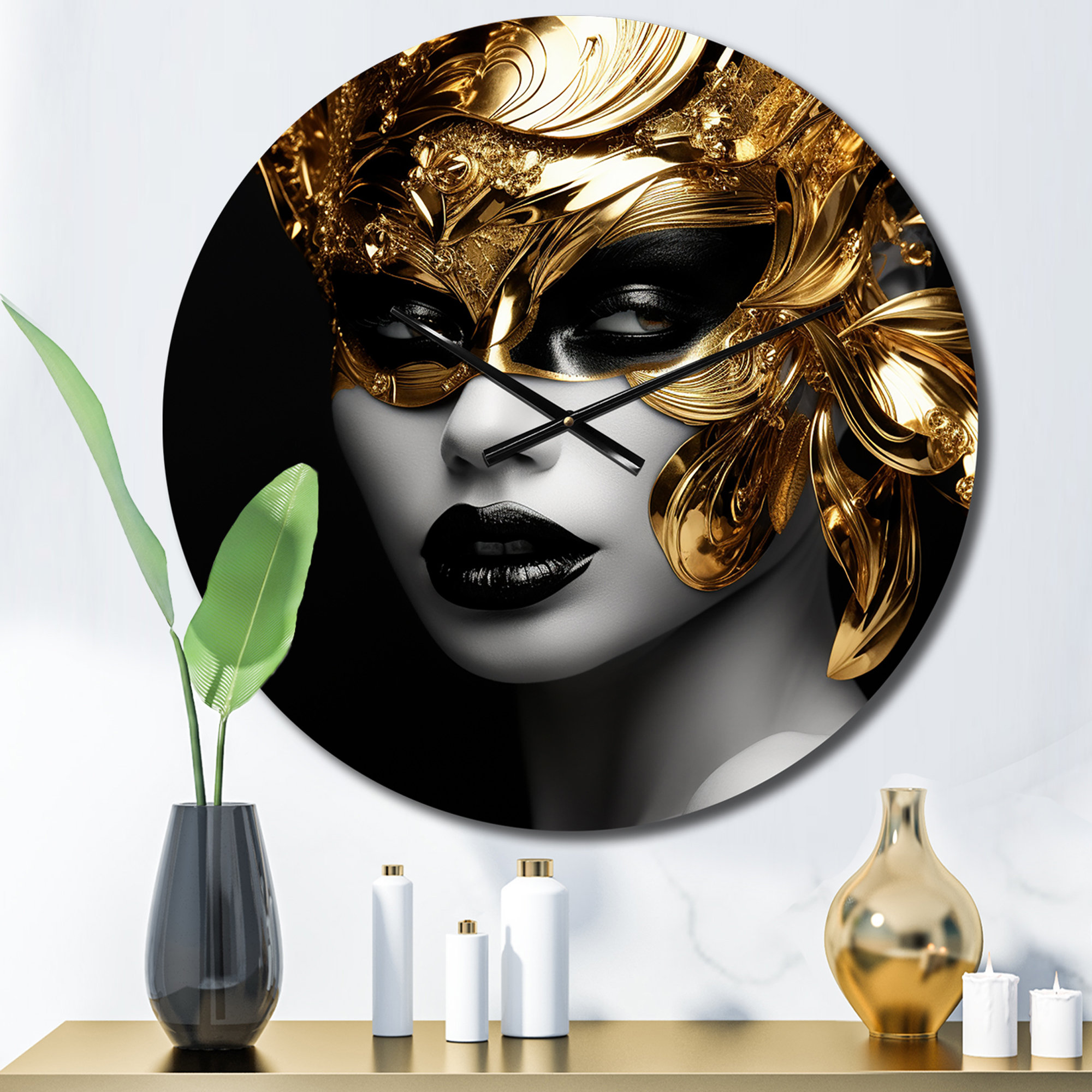 Design Art Venetian Grace Glam Portrait With Gold Mask Metal Wall Clock ...