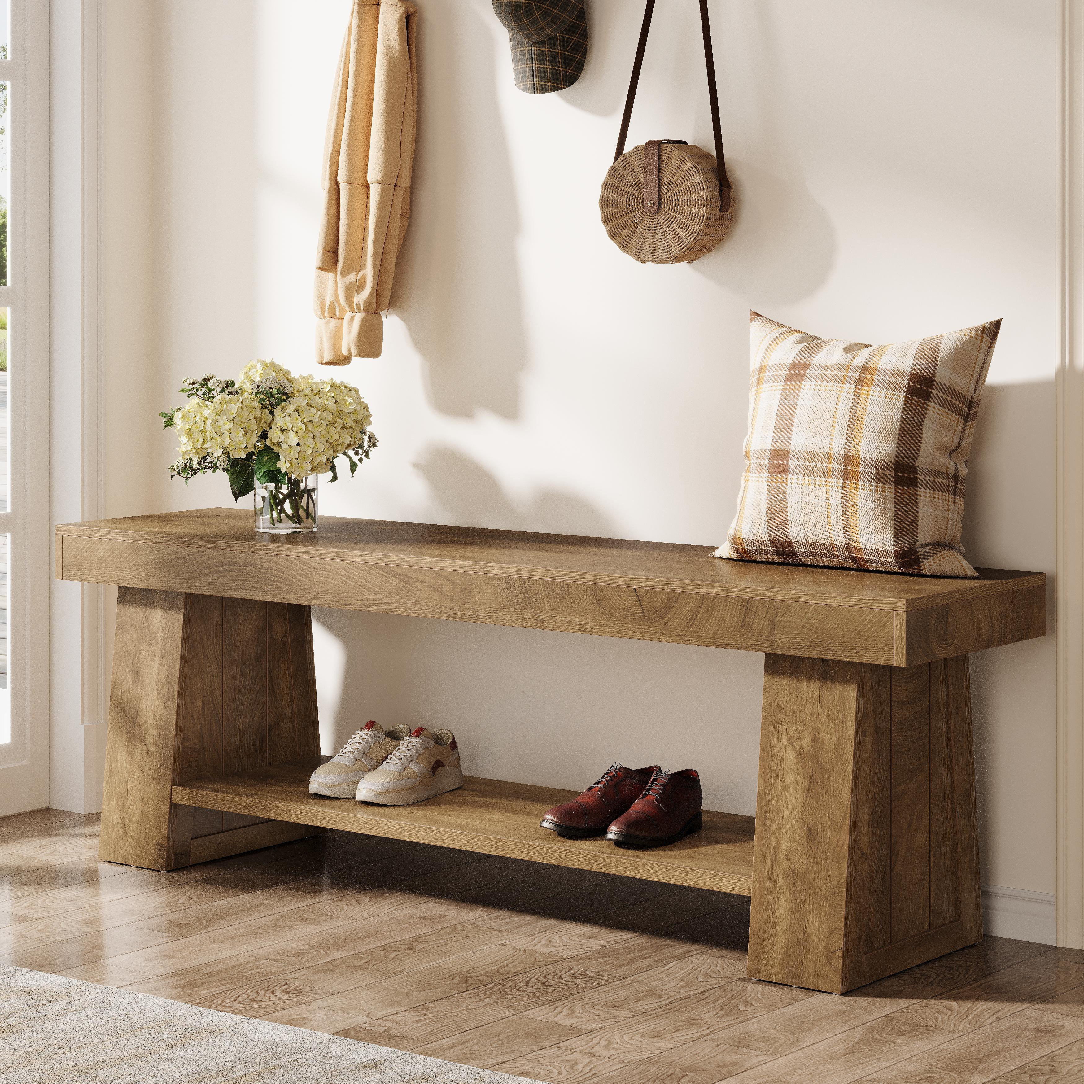 August Grove® 63" Wooden Entryway Bench With Storage Shelf, Rustic ...
