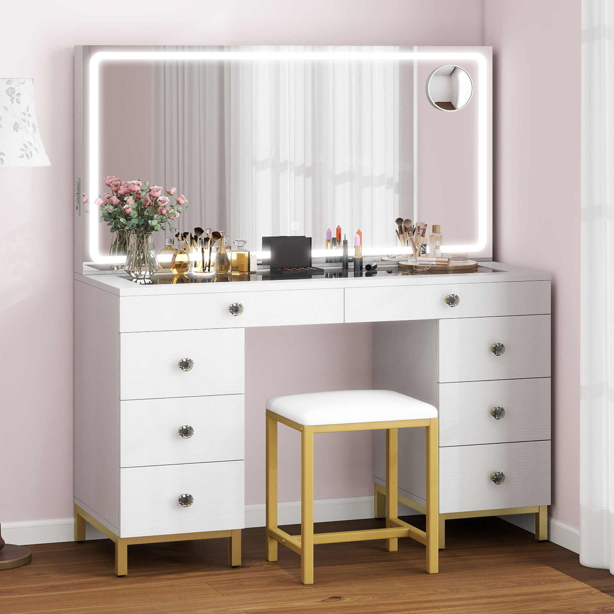 Mercer41 45.5'' Glass Top Vanity Set with LED Lighted Mirror, Power ...