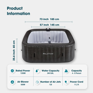 RELXTIME 4-6 Person Inflatable Hot Tub, Portable Air Jet Square Spa ...