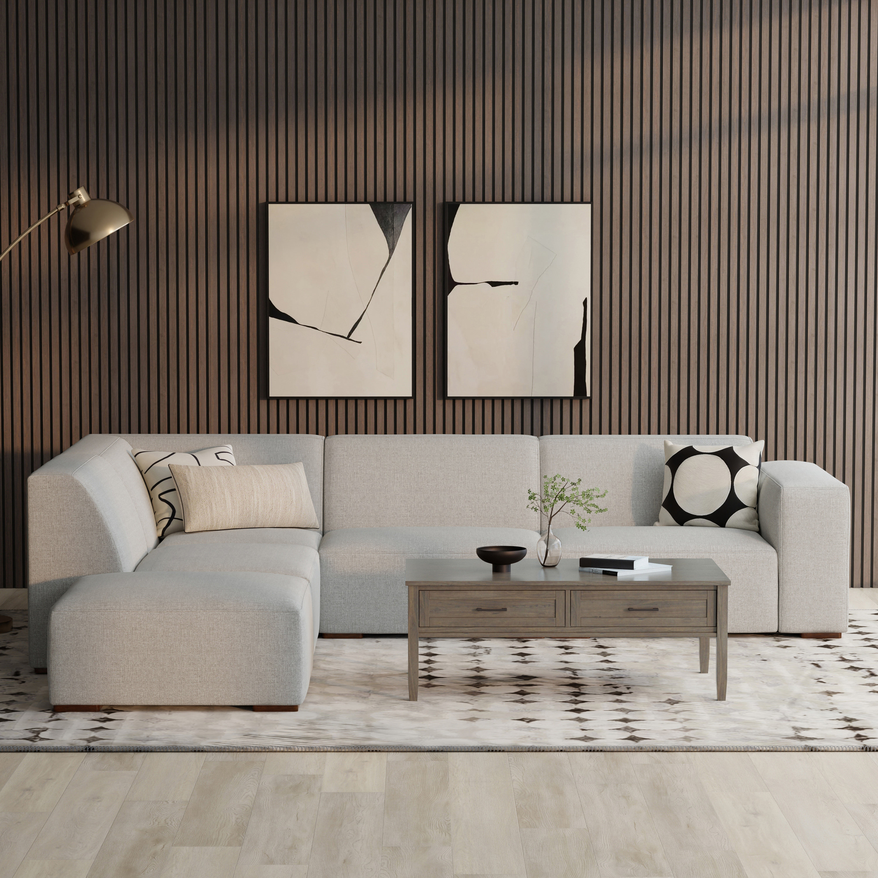 Simpli Home Rex Corner Sectional Modular Sofa and Ottoman Set 116-inch ...