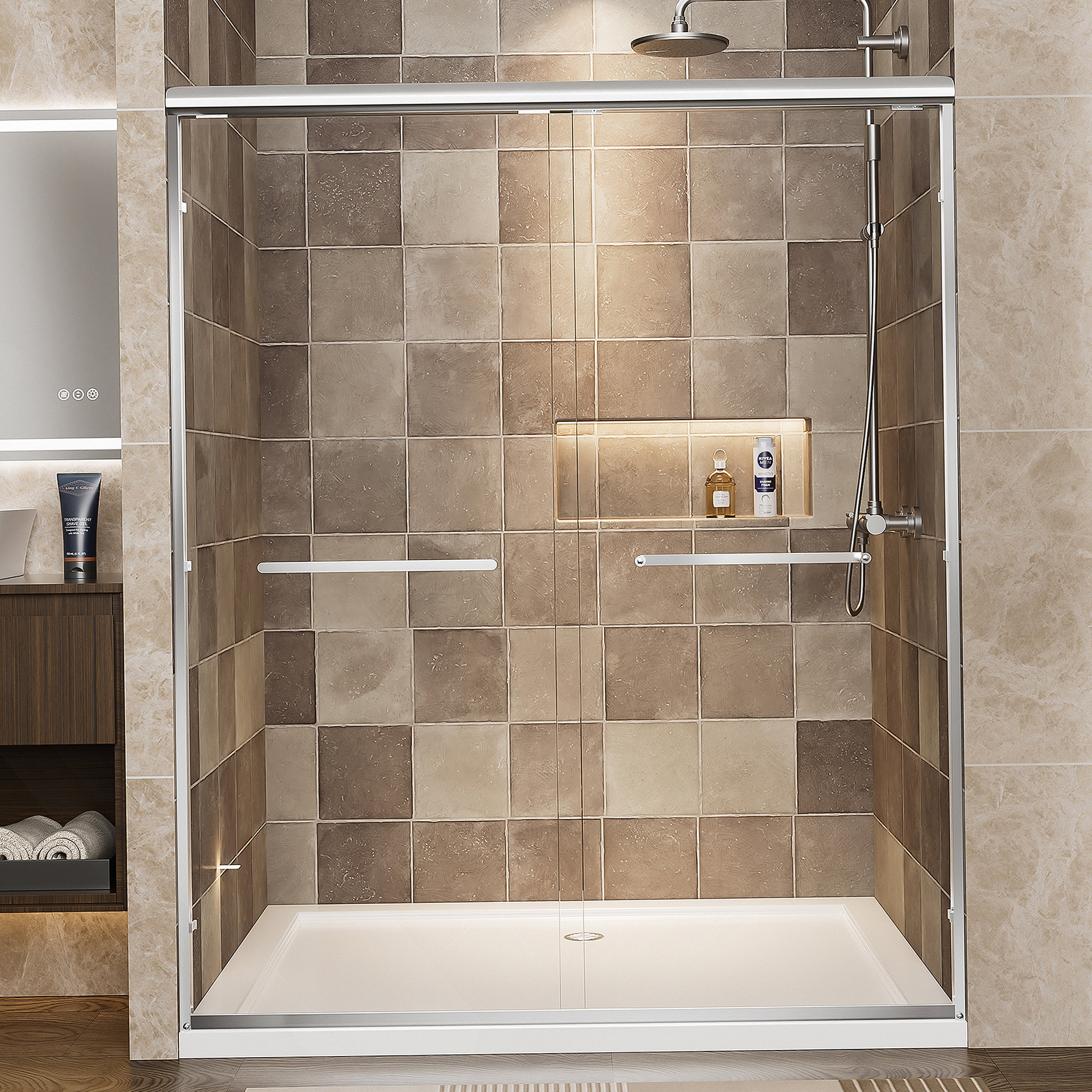 DSUNNER Aluminum Frame Double Sliding Shower Door, Tempered Glass ...