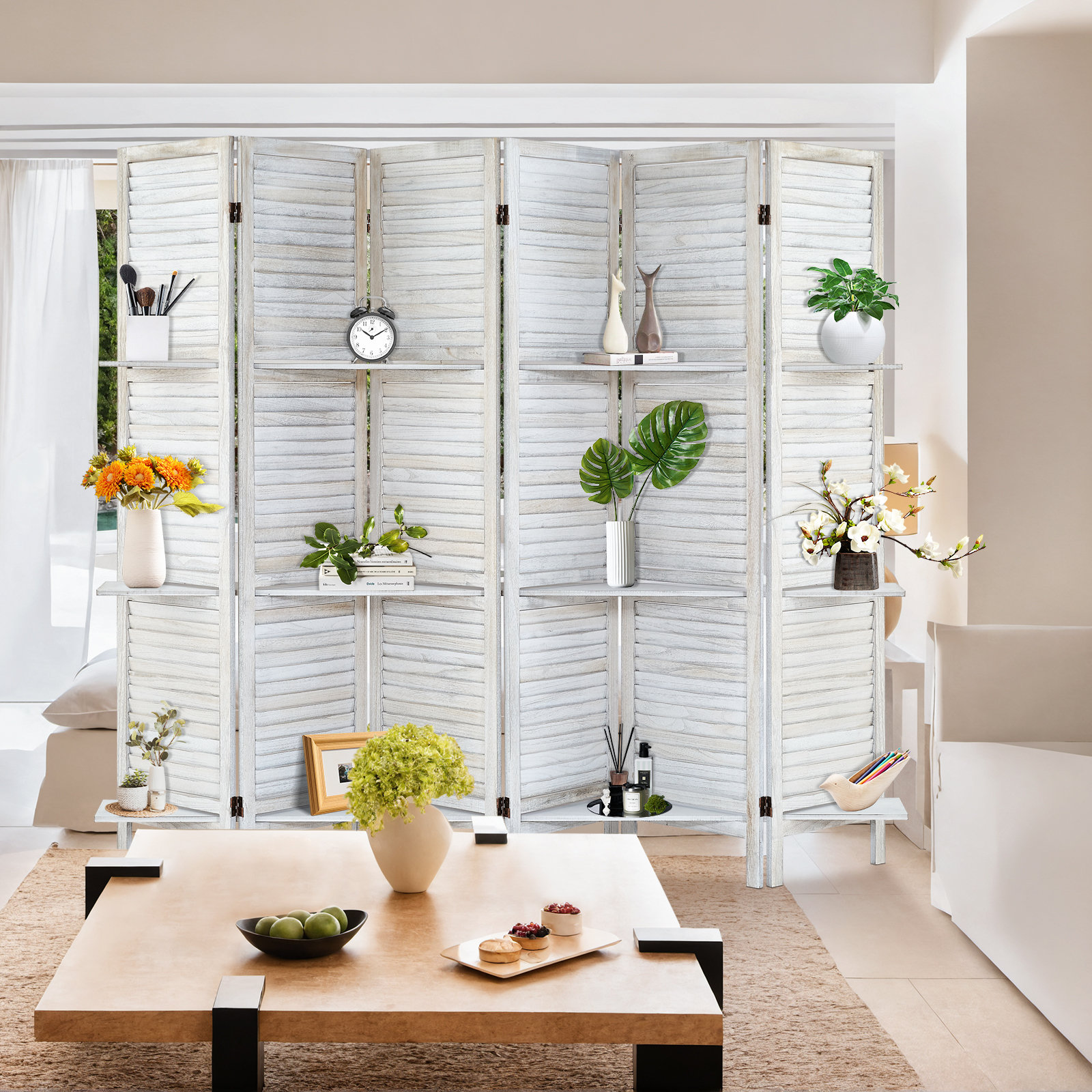 Gracie Oaks 5.6Ft Tall Room Divider With Shelves Wooden Folding Privacy ...