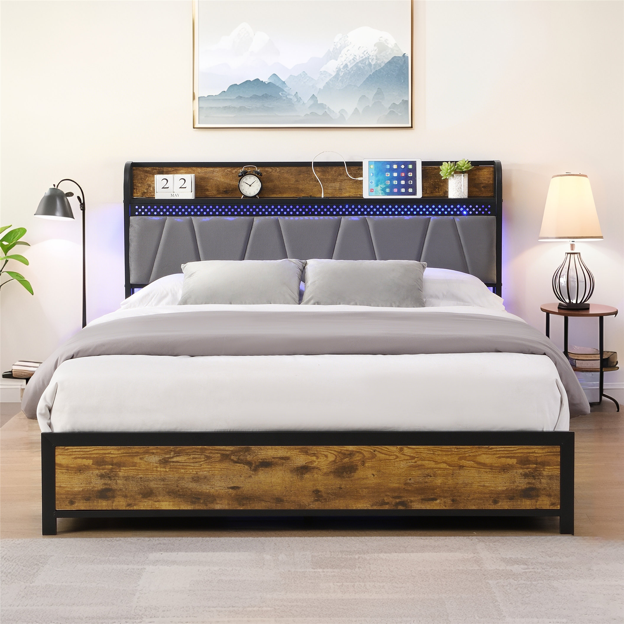 Ivy Bronx Mid-Century Metal Storage Bed with Drawers and Charging ...