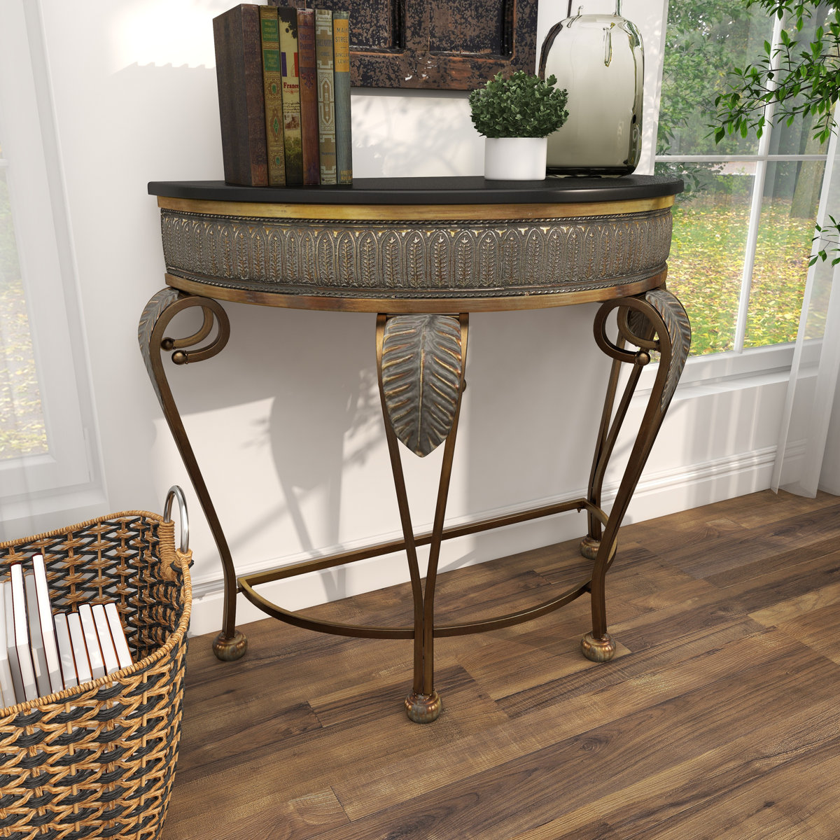 Alcott Hill® Allura Metal Embossed Leaf Console Table with Ornate ...