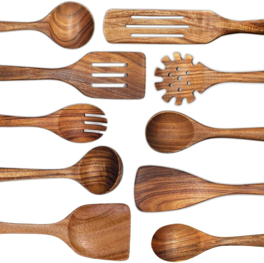 WKING 10-Piece Natural Teak Wooden Cooking Utensil Set – Durable, Heat ...