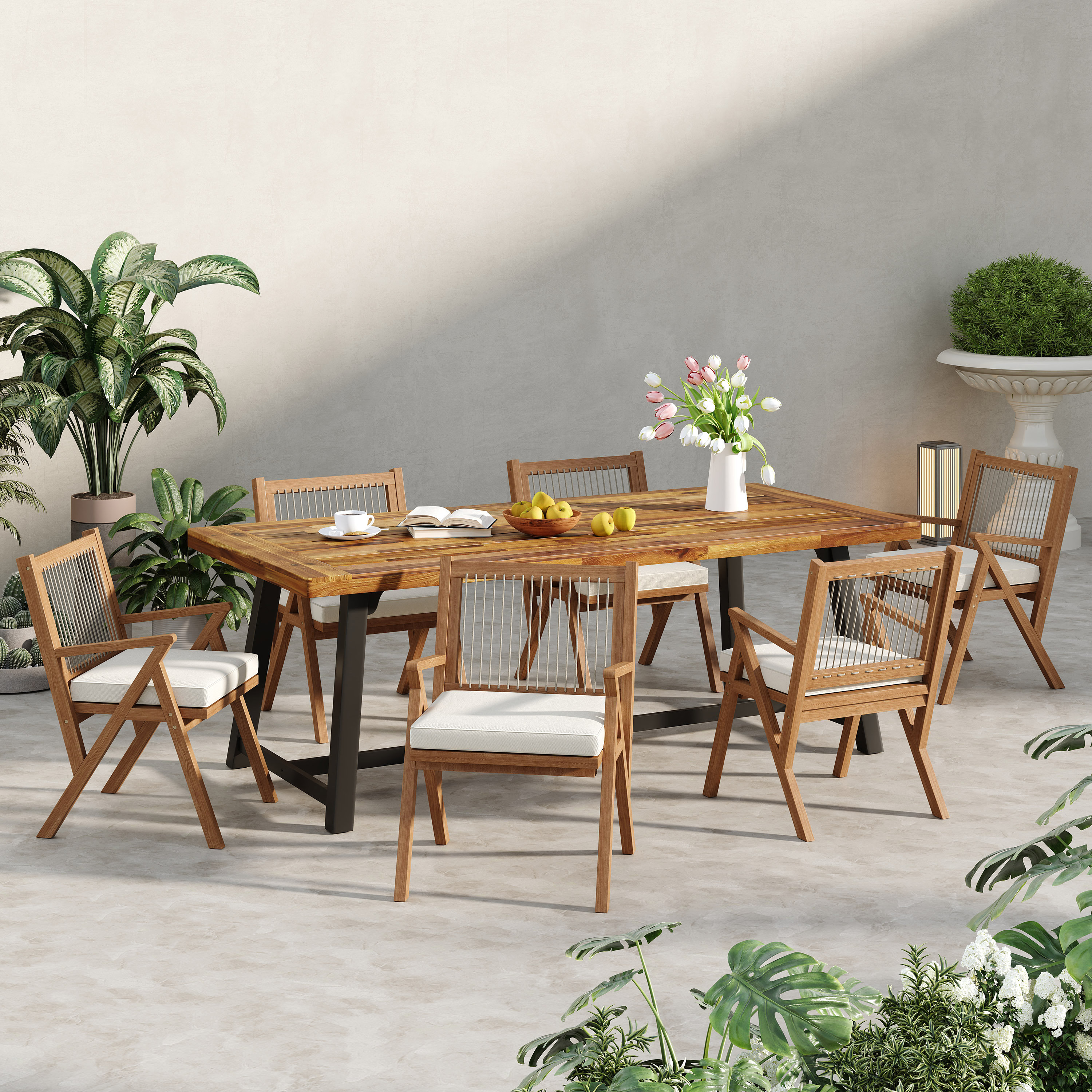 Hokku Designs Jolie Patio 7-Piece Acacia Wood Woven Rope Dining Set ...