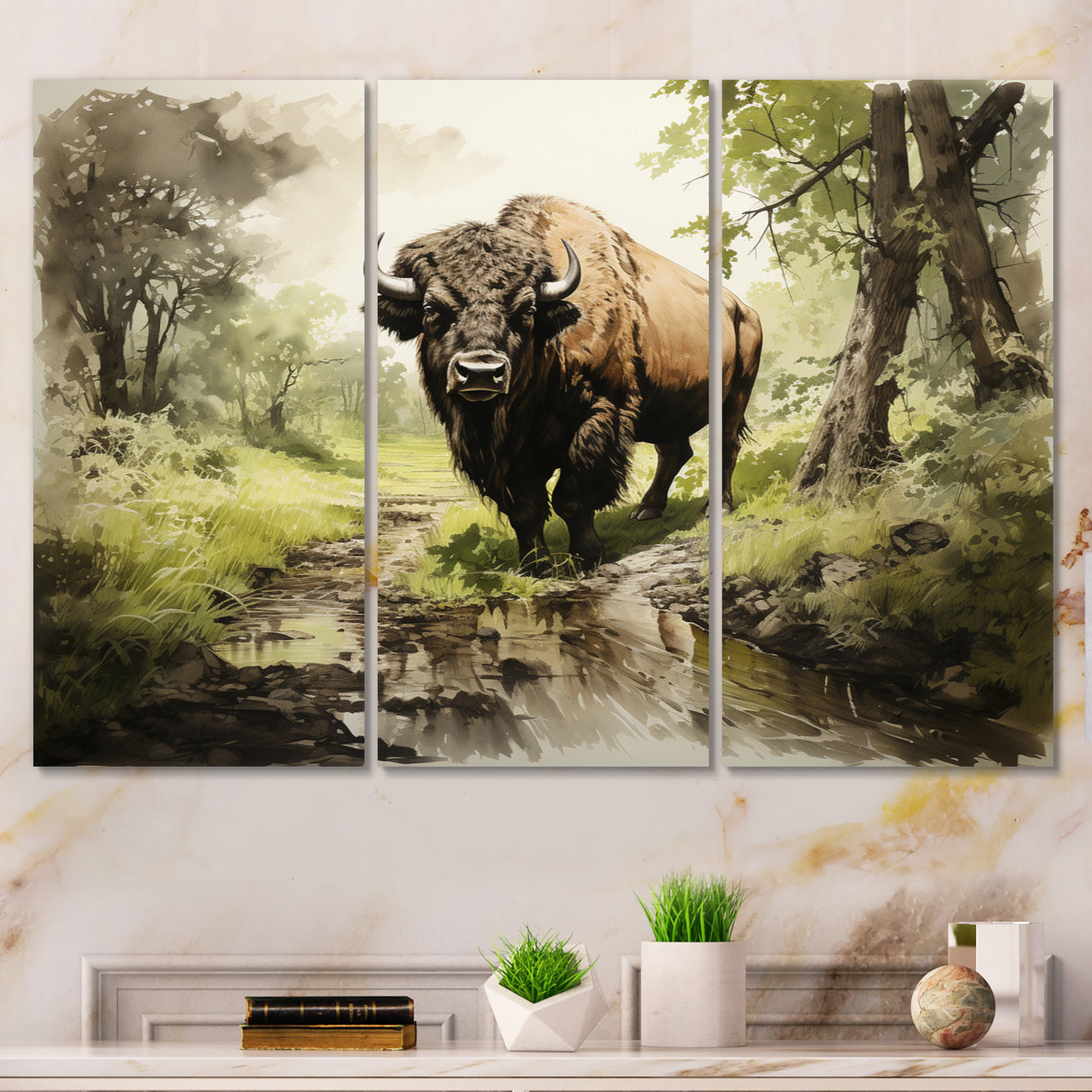 Design Art Brown Green Buffalo Shadows Of Serenity - Animals Metal Art Print Set - Wayfair Canada