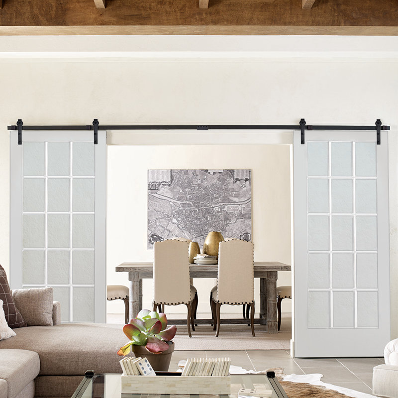 MMI DOOR Wood and Glass Primed Barn Door with Installation Hardware Kit ...