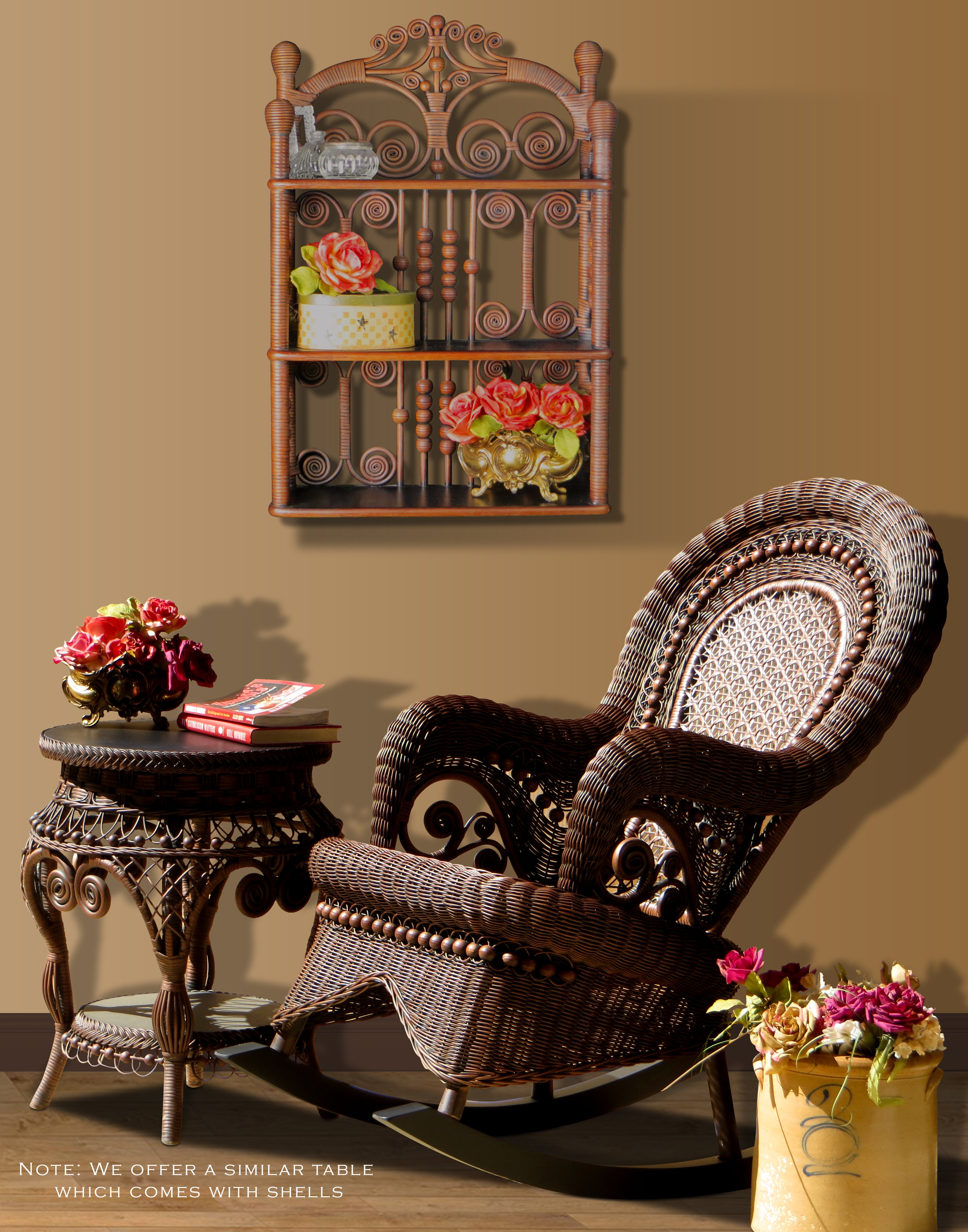 Yesteryear Wicker Coutnry Rocker, Antique End Table And Wall Hanging ...