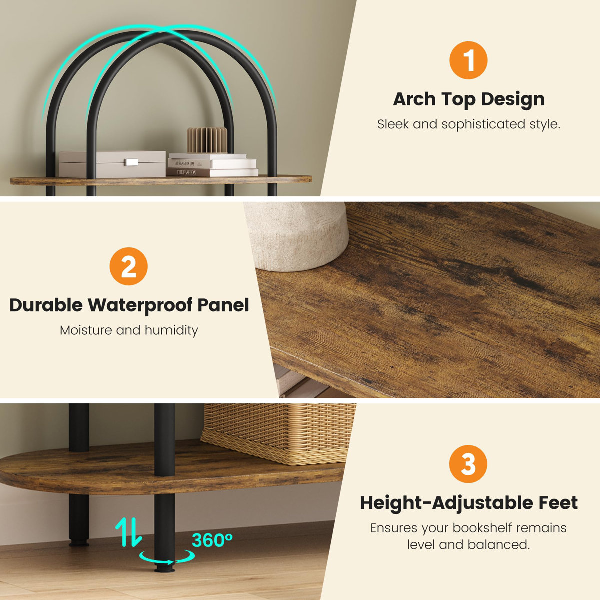 17 Stories 71" Bookshelf 5 Tier Bookcase Arched Display Racks Tall ...