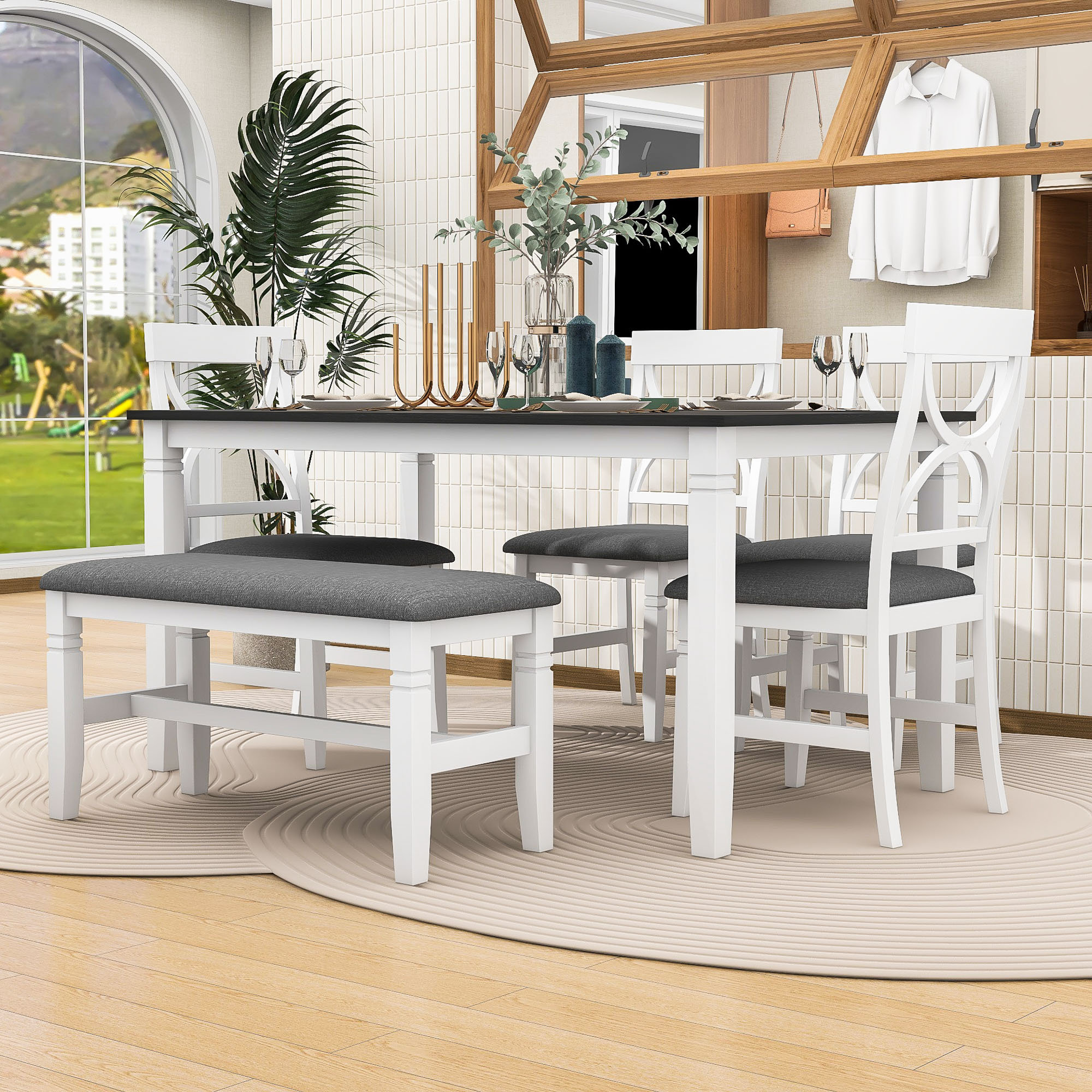 Gracie Oaks Hayo Farmhouse 6-Piece Dining Set, Rectangular Dining Table ...