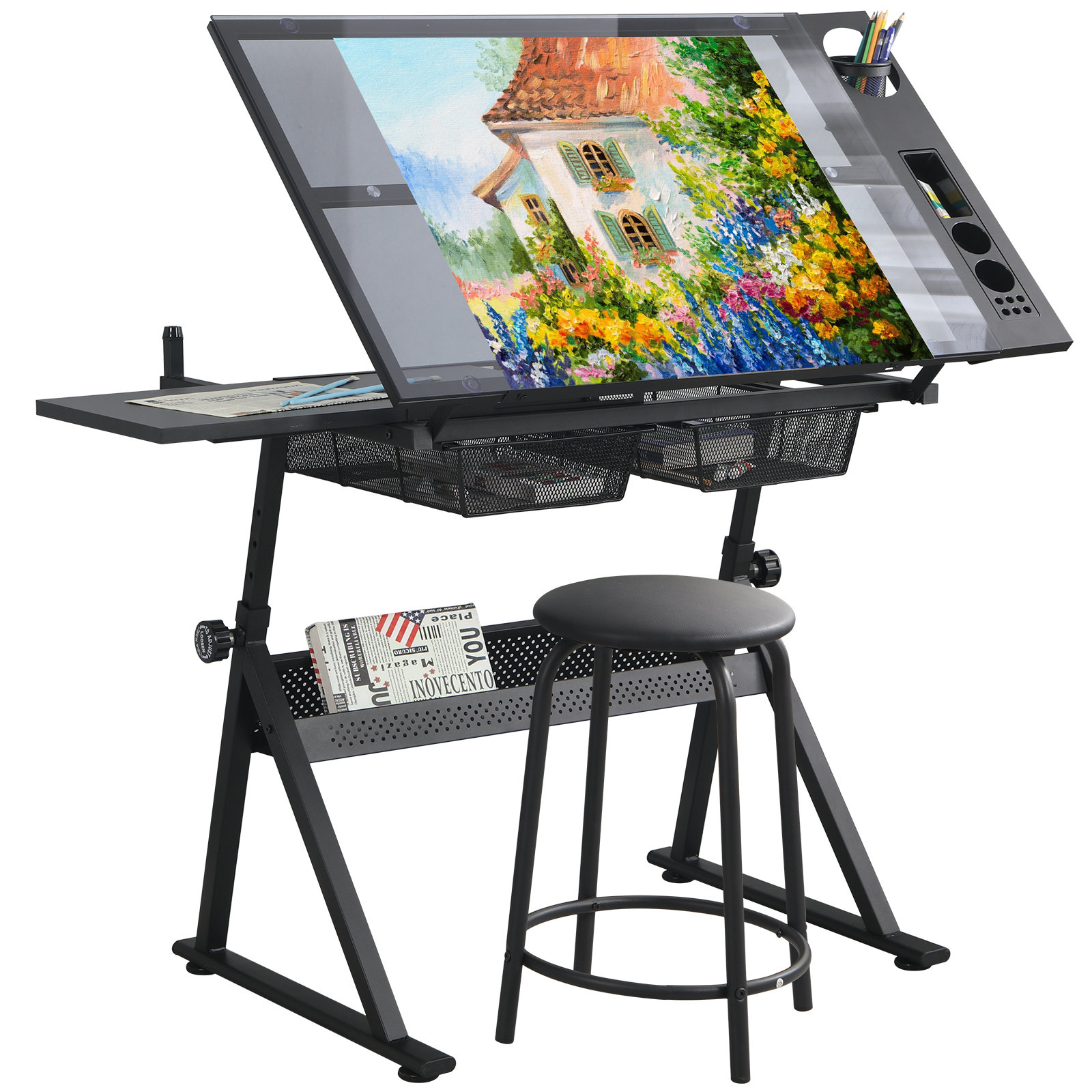 Latitude Run® Height Adjustable Metal Drafting Table With Stool ...