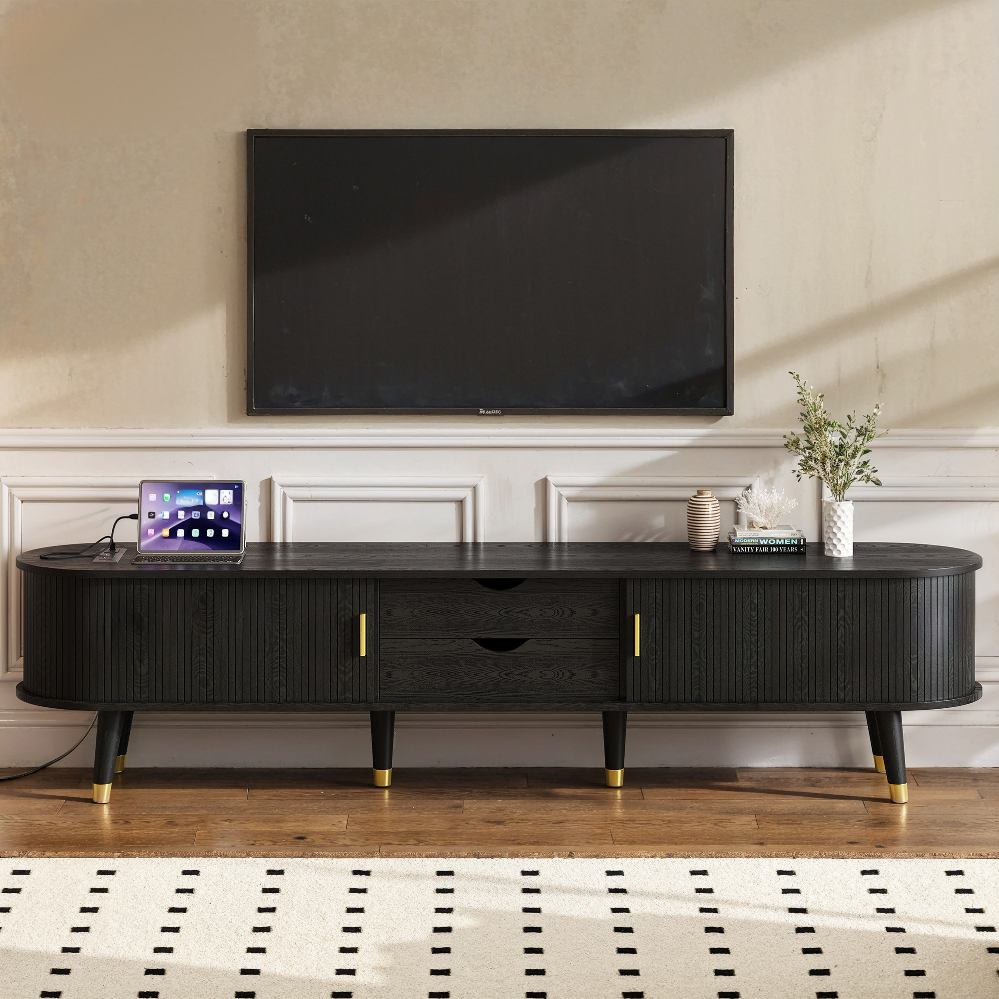 George Oliver Wooden Oval Fluted TV Stand With Charging Station For TV ...