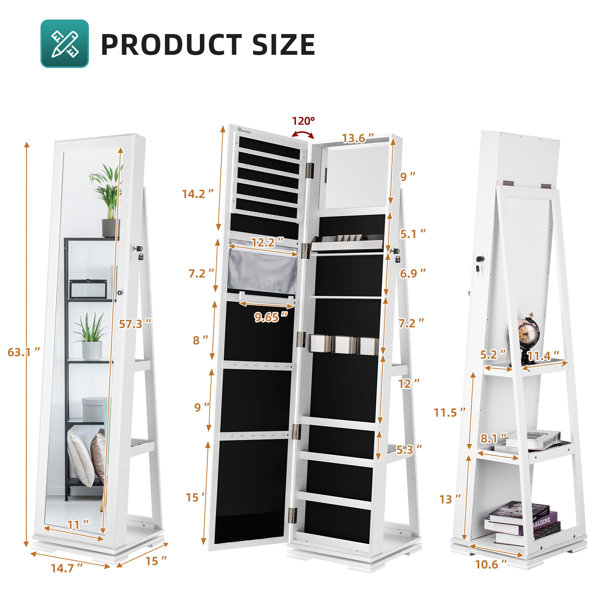 Latitude Run® Swivel Jewelry Cabinet 3-In-1 Lockable Standing Jewelry ...