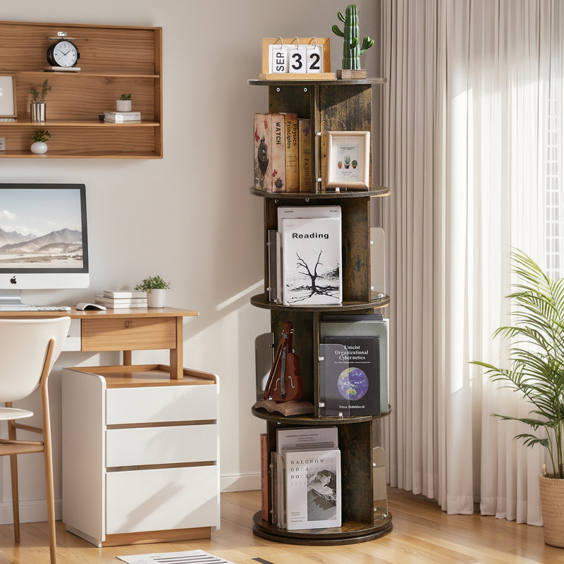 Ebern Designs Jadeyn Rotating Bookshelf 4 Tier 360° Revolving Floor ...